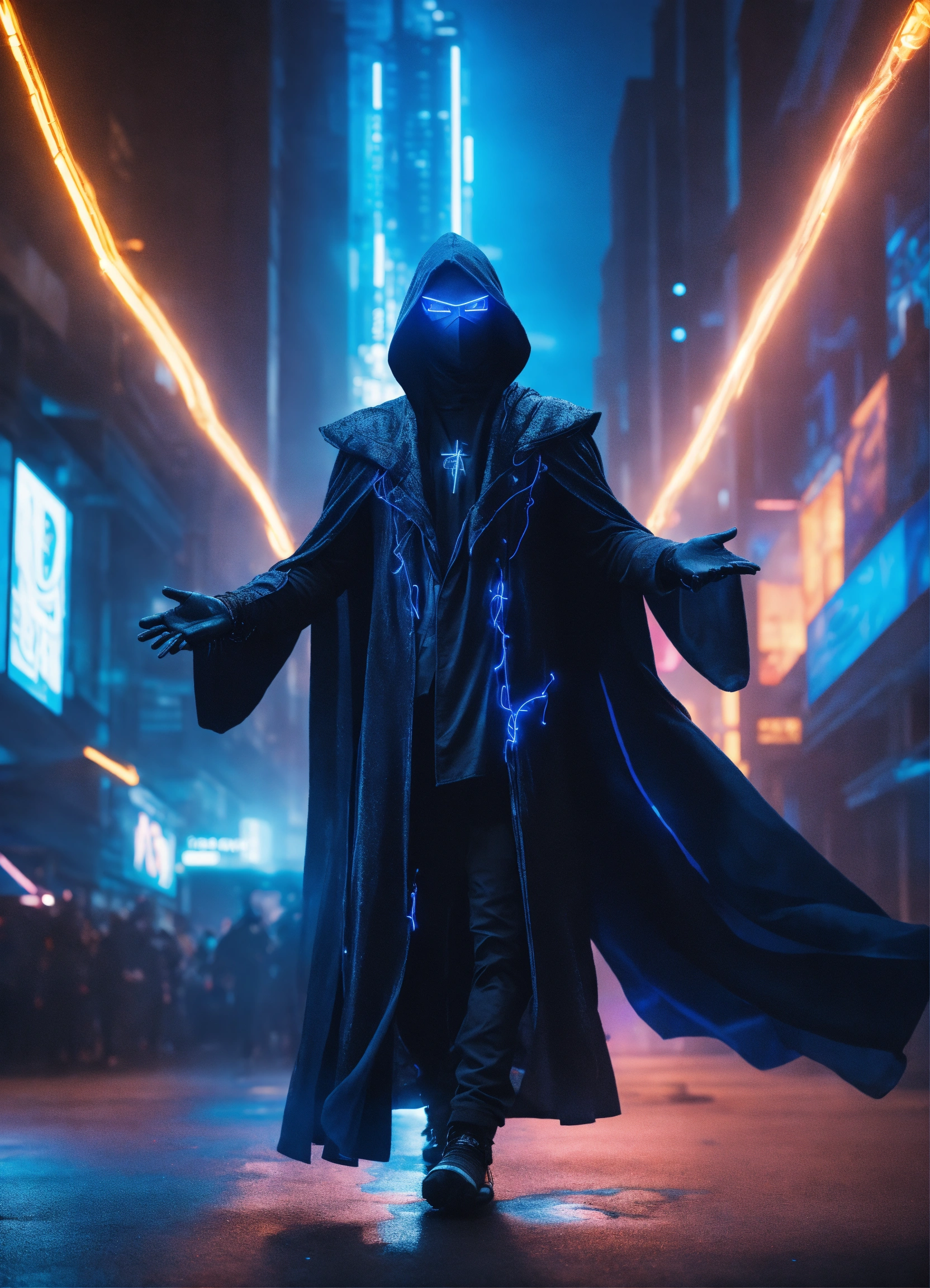 Lexica - A modern powerful black and blue cloaked sorcerer casting a ...