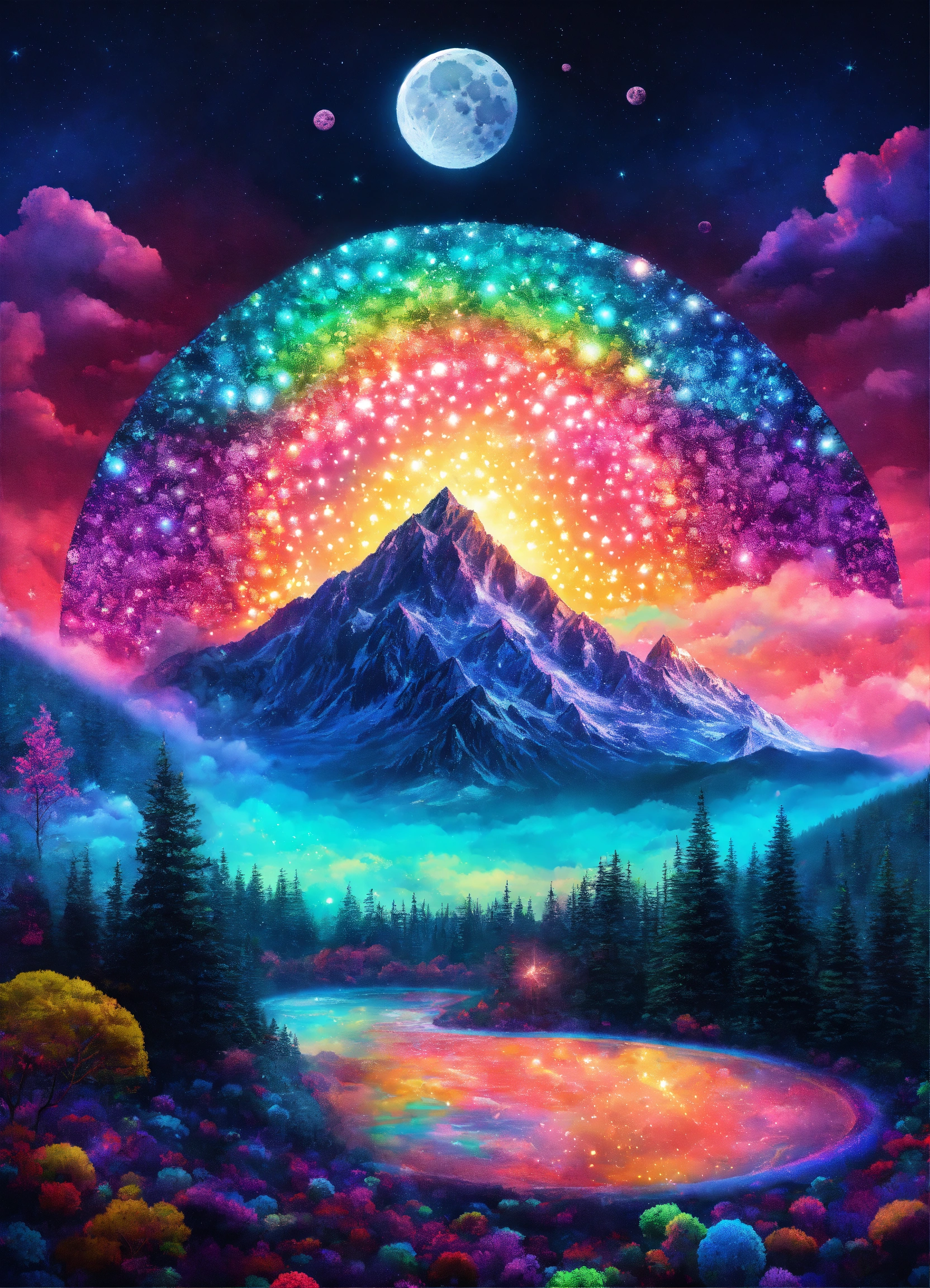 Lexica - Moon flying made of diamonds and glitter black rainbow neon ...