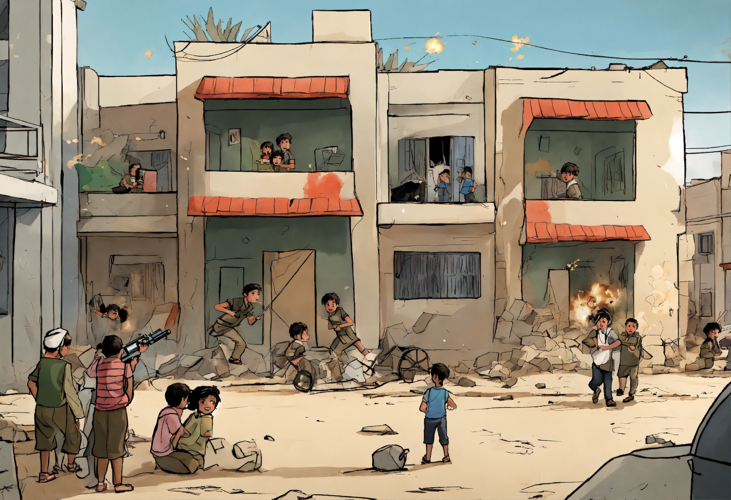 Lexica - Background A bustling Gaza street with residential buildings ...