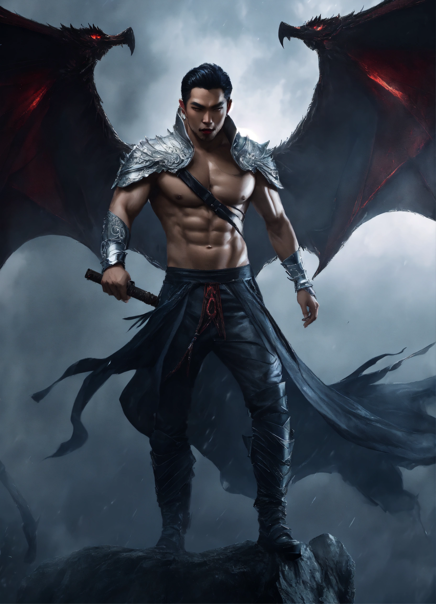 Lexica - Full body strong muscular evil Asian vampire man entangled in ...