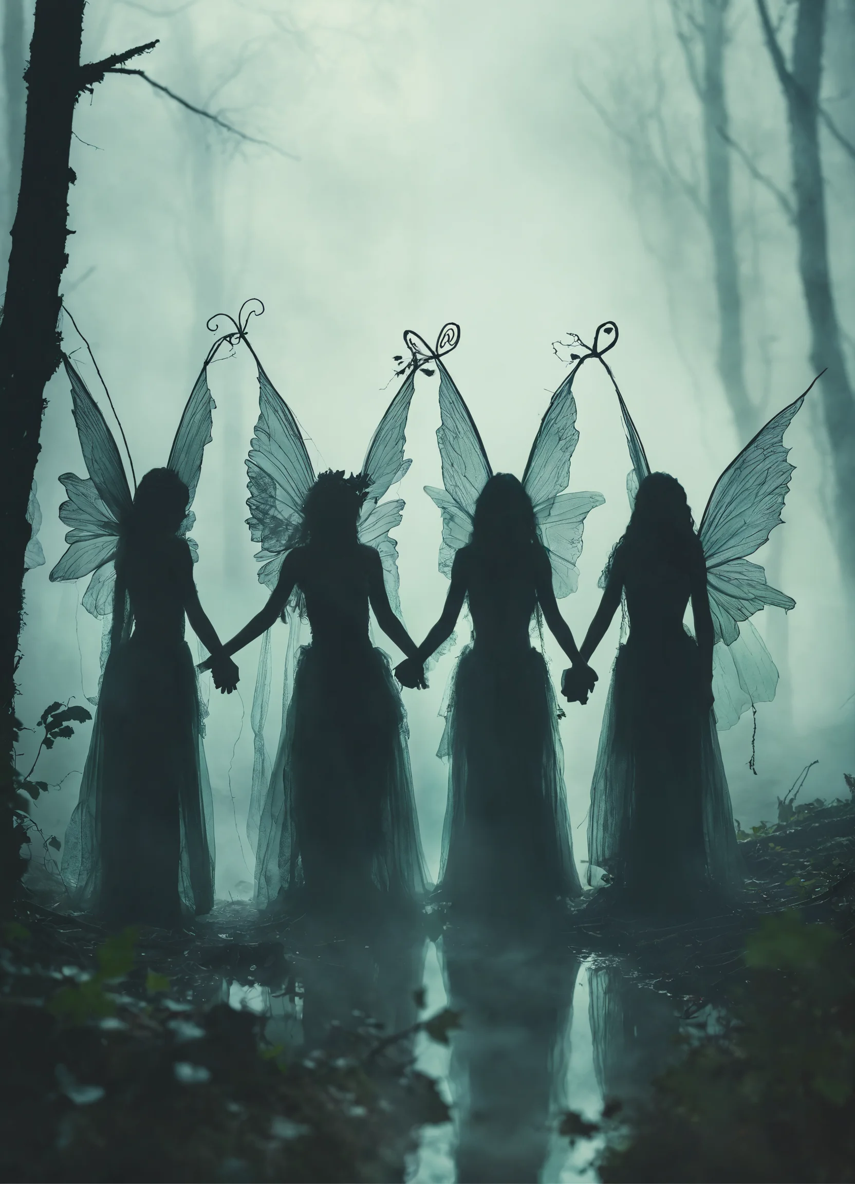 Lexica - Dark love concept 10 fairies standing holding hands in a foggy ...