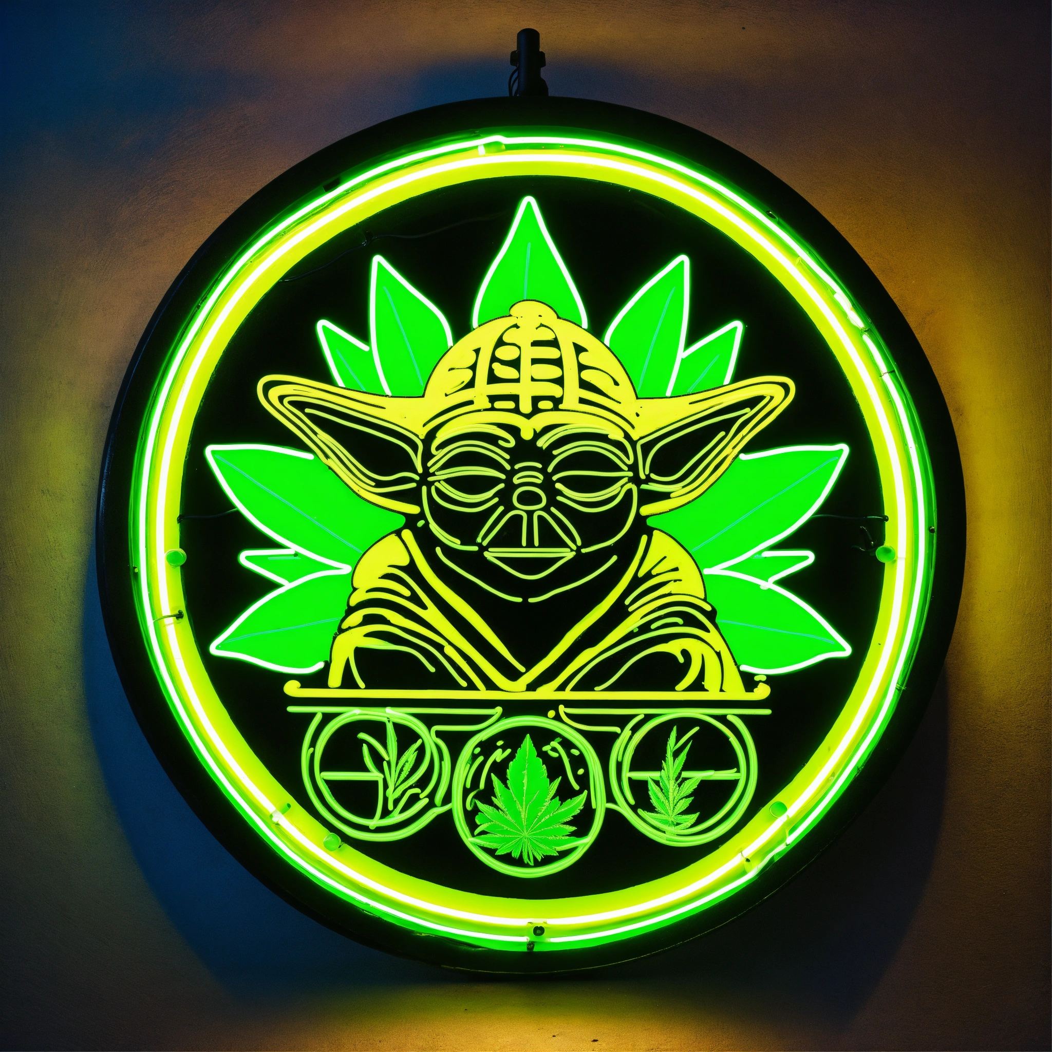 Lexica - A rounded neon sign with Master Yoda and cannabis on it