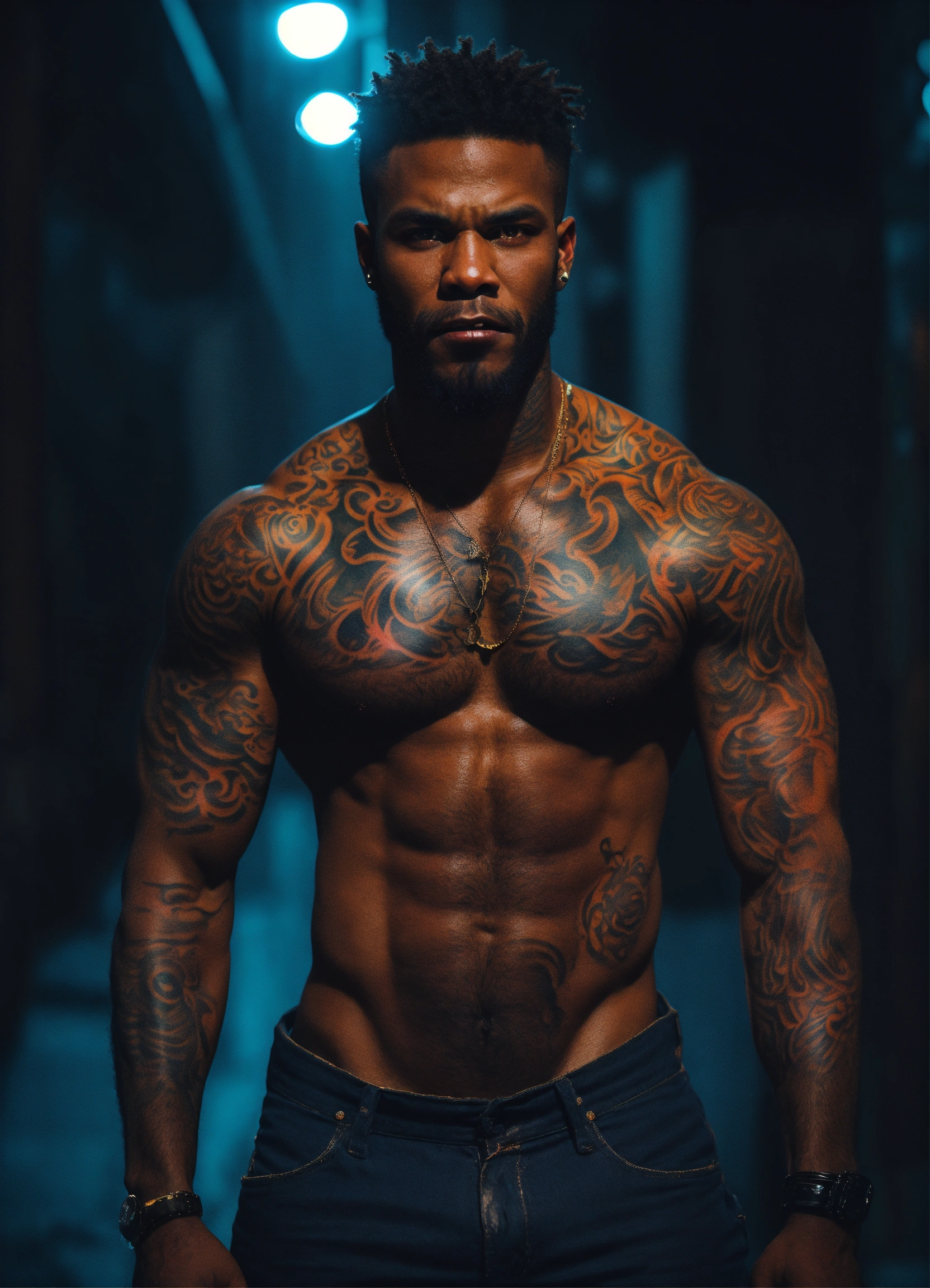 Lexica - Very Handsome, Black man, werewolf eyes, sharp teeth, tattoos ...