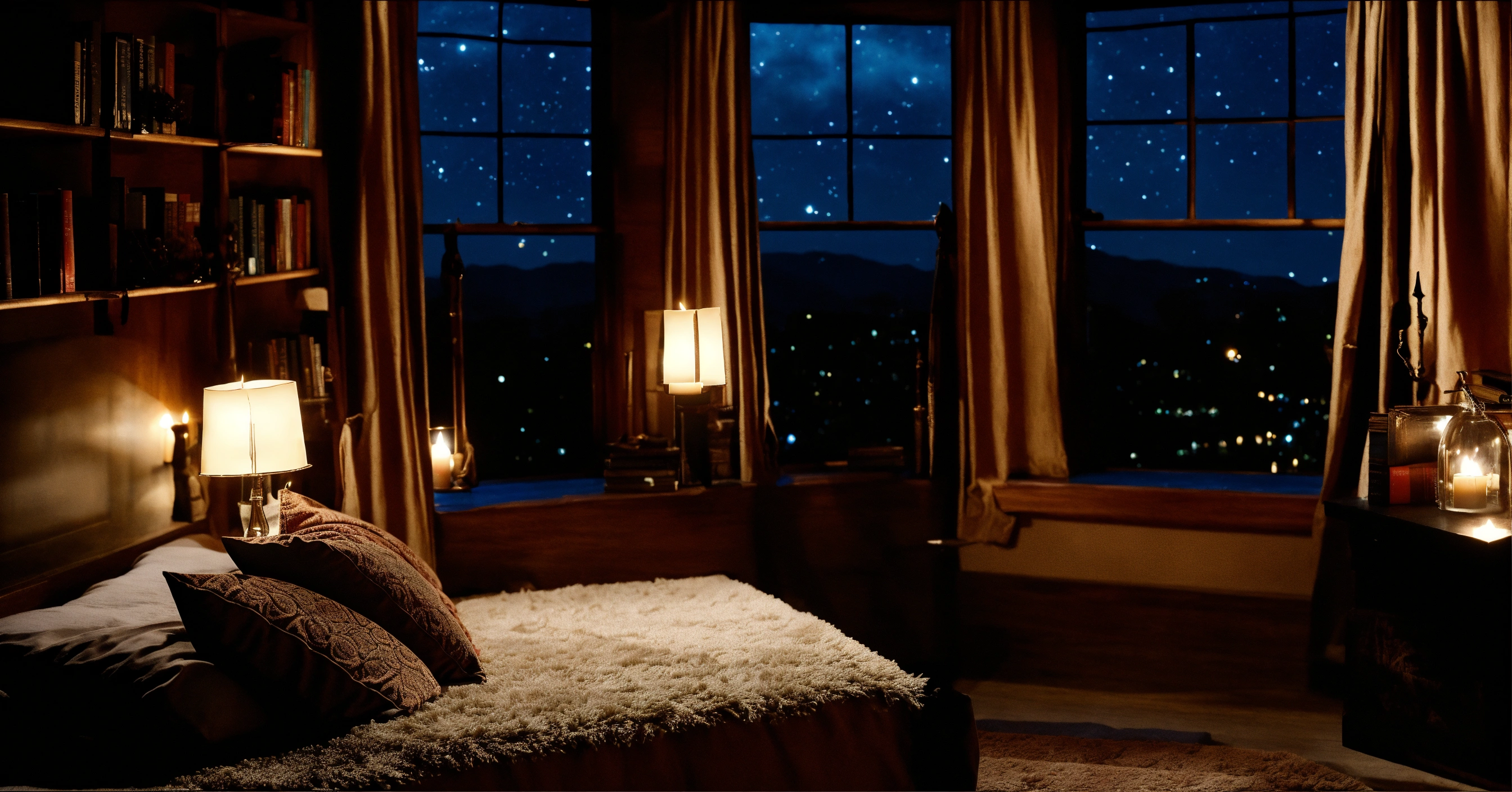 Lexica - Dark colored bedroom cool night celiing window with stars ...