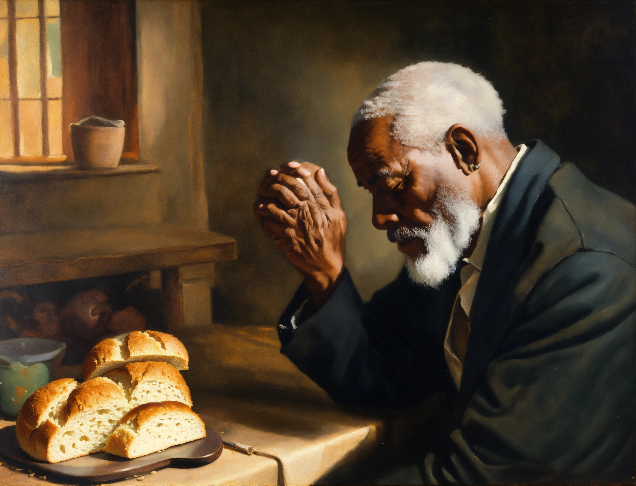 Lexica - Old African-American man praying. Bread on the table. 1910s ...