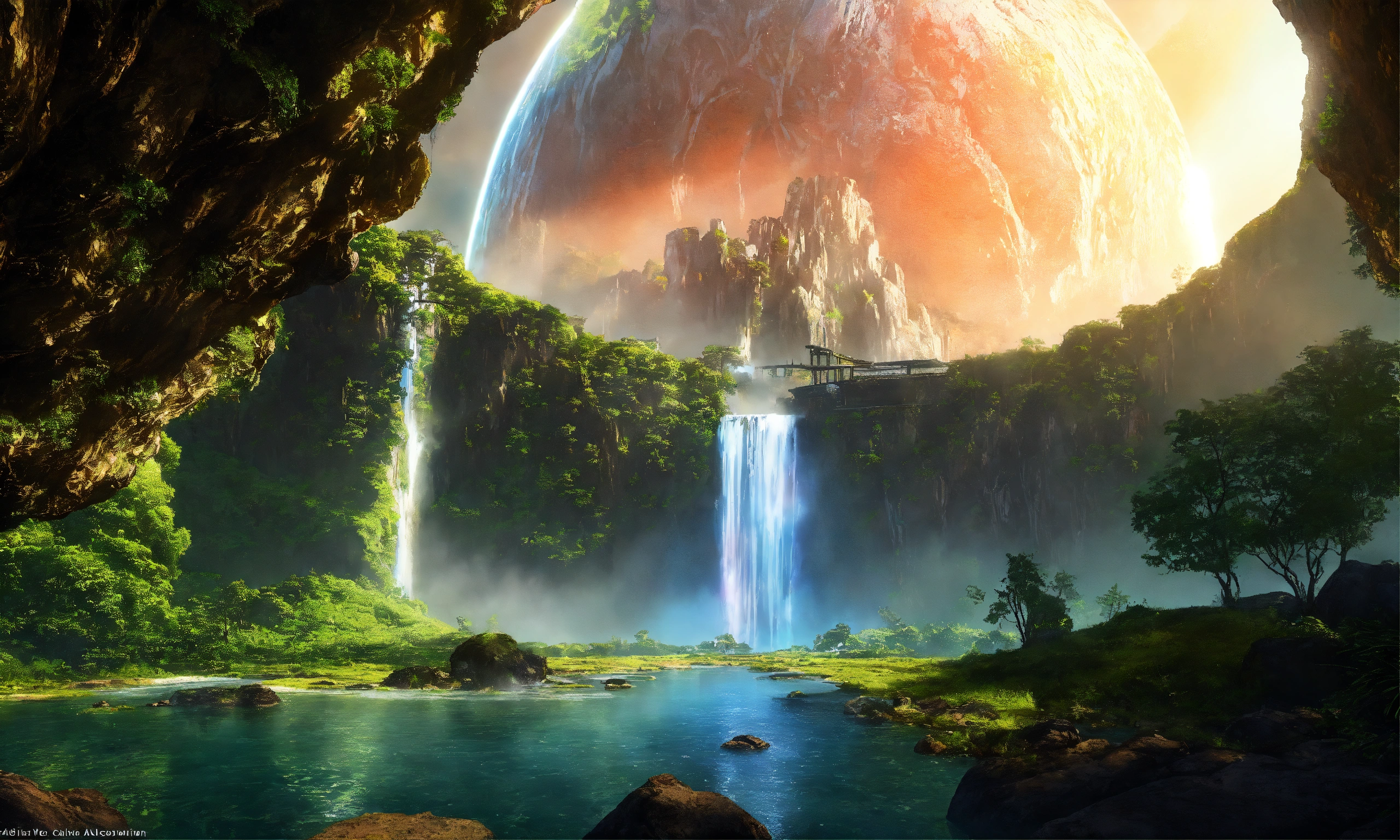 Lexica - View from the atmosphere, waterfall planet environment ...