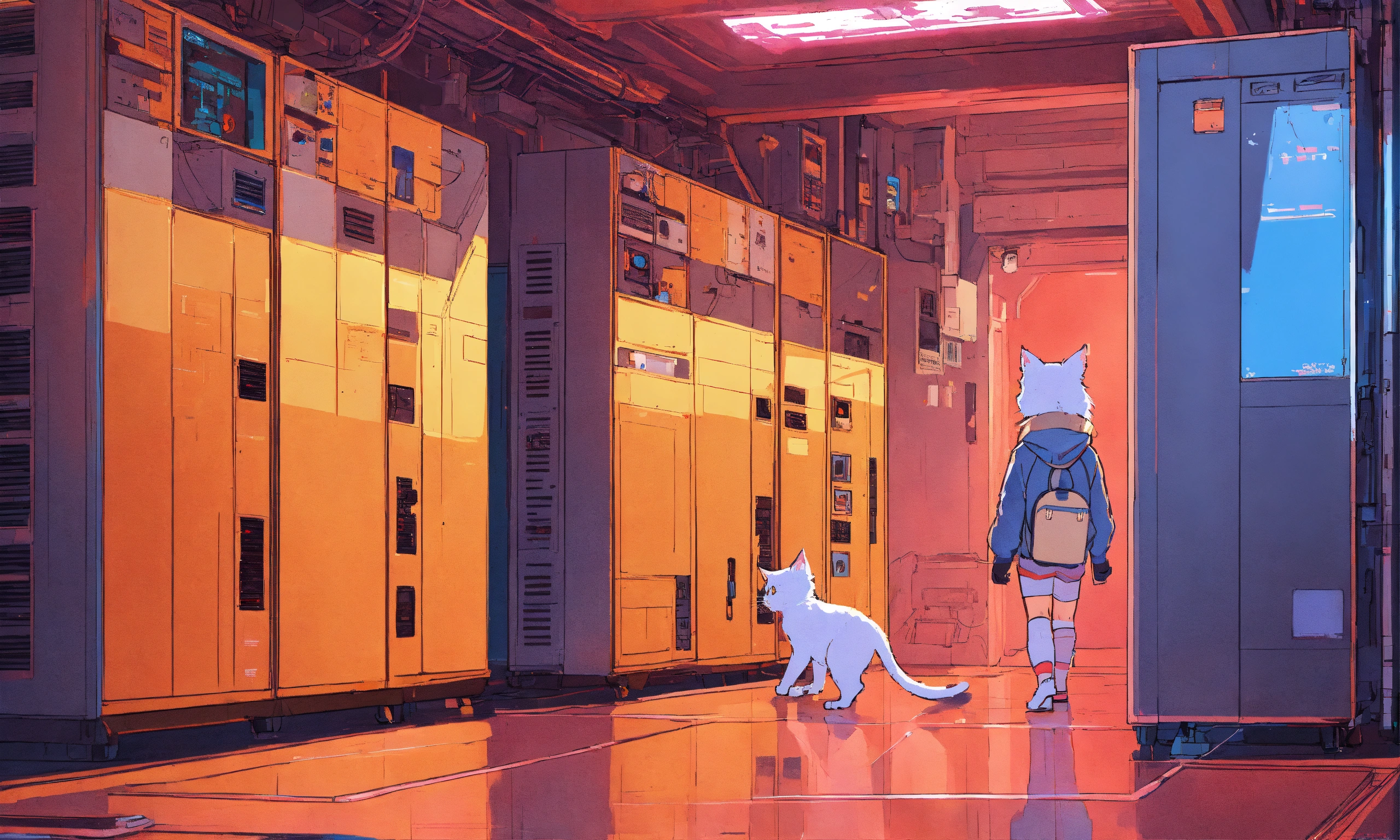 Lexica - Digital art of a little cat moving into supercomputer room, in ...