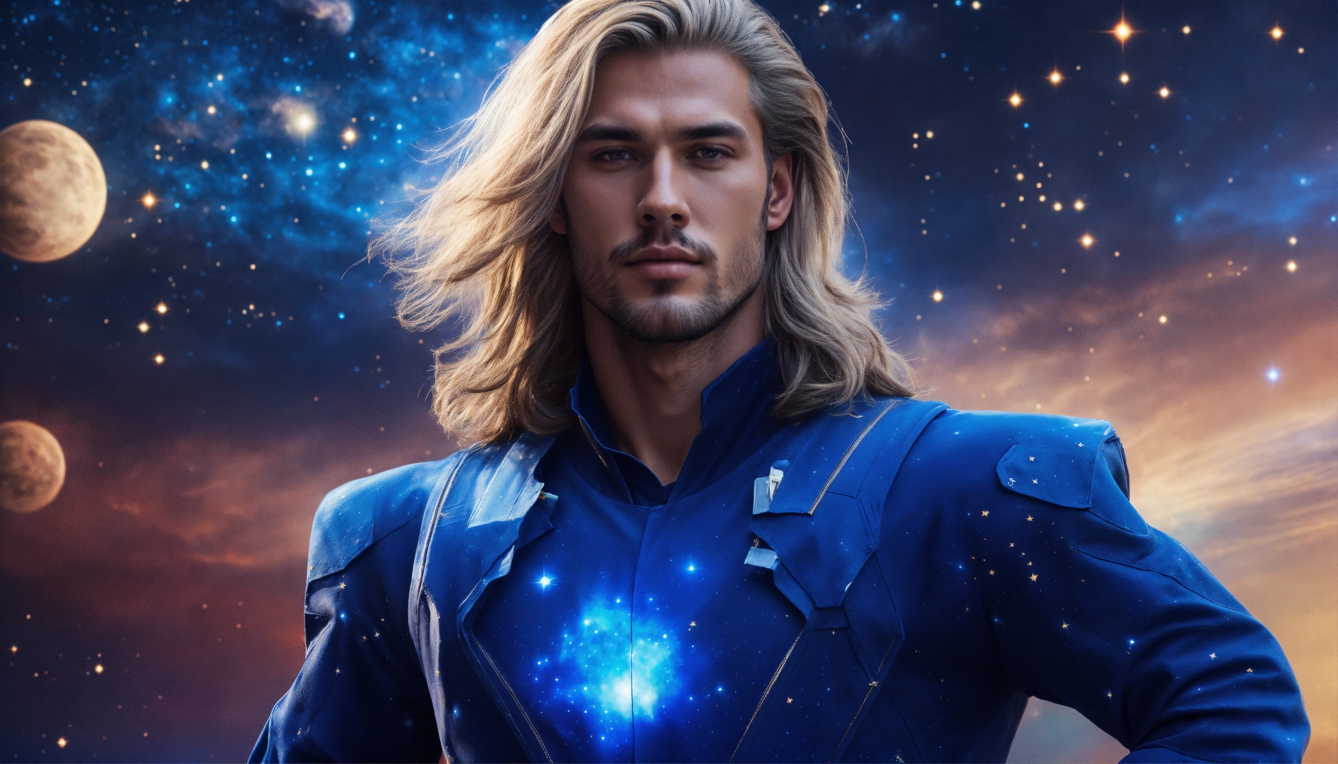 Lexica - Handsome galactic man in blue jumpsuit, long light hair+starry sky