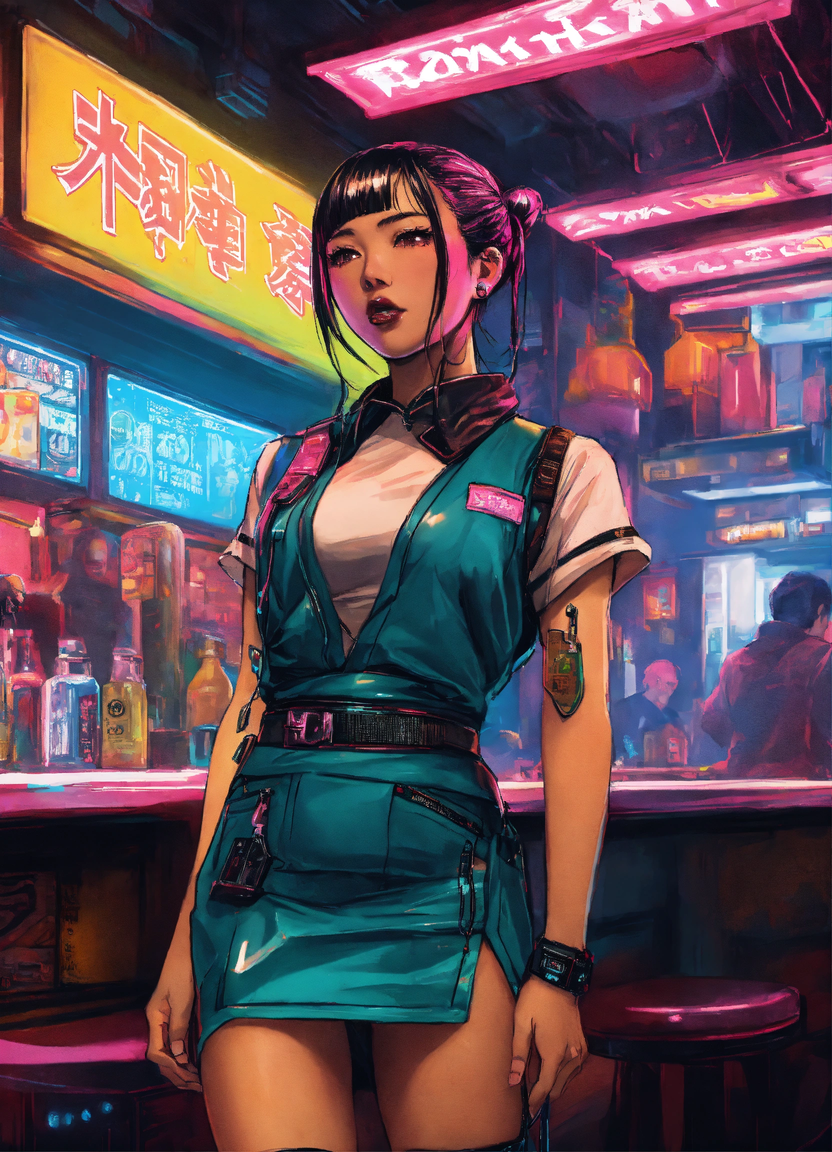 Lexica - Cyberpunk Japanese waitress weaning neon pop clothing , in a ...