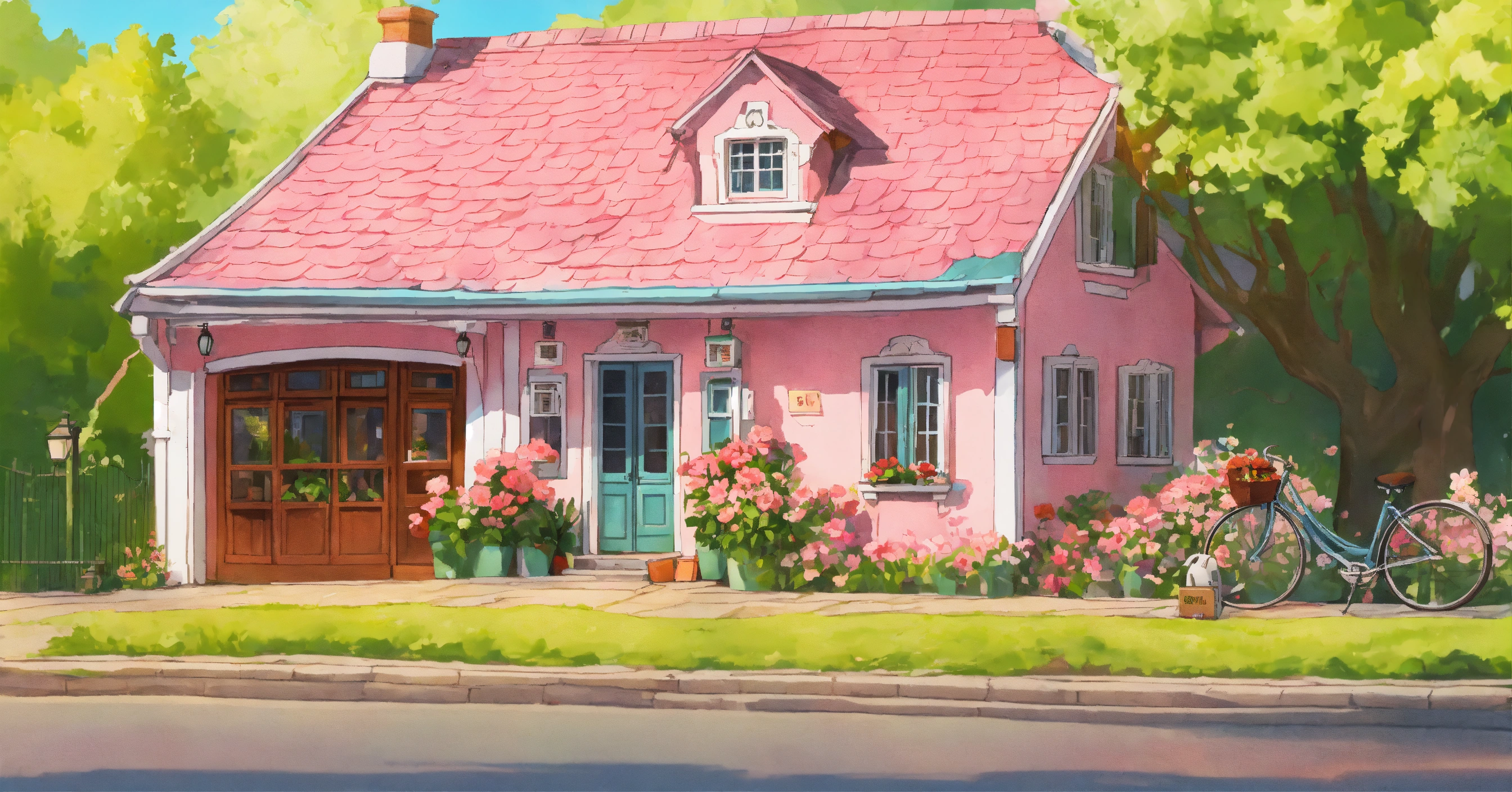 Lexica - Front view of the facade of a small light pink house in the ...