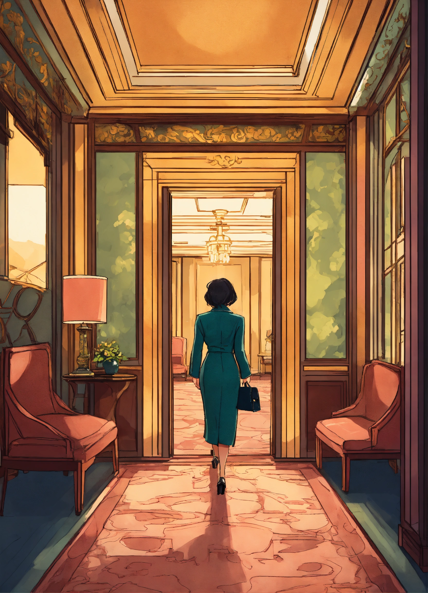 Lexica - A woman walking into an opulent hotel room, cartoon style