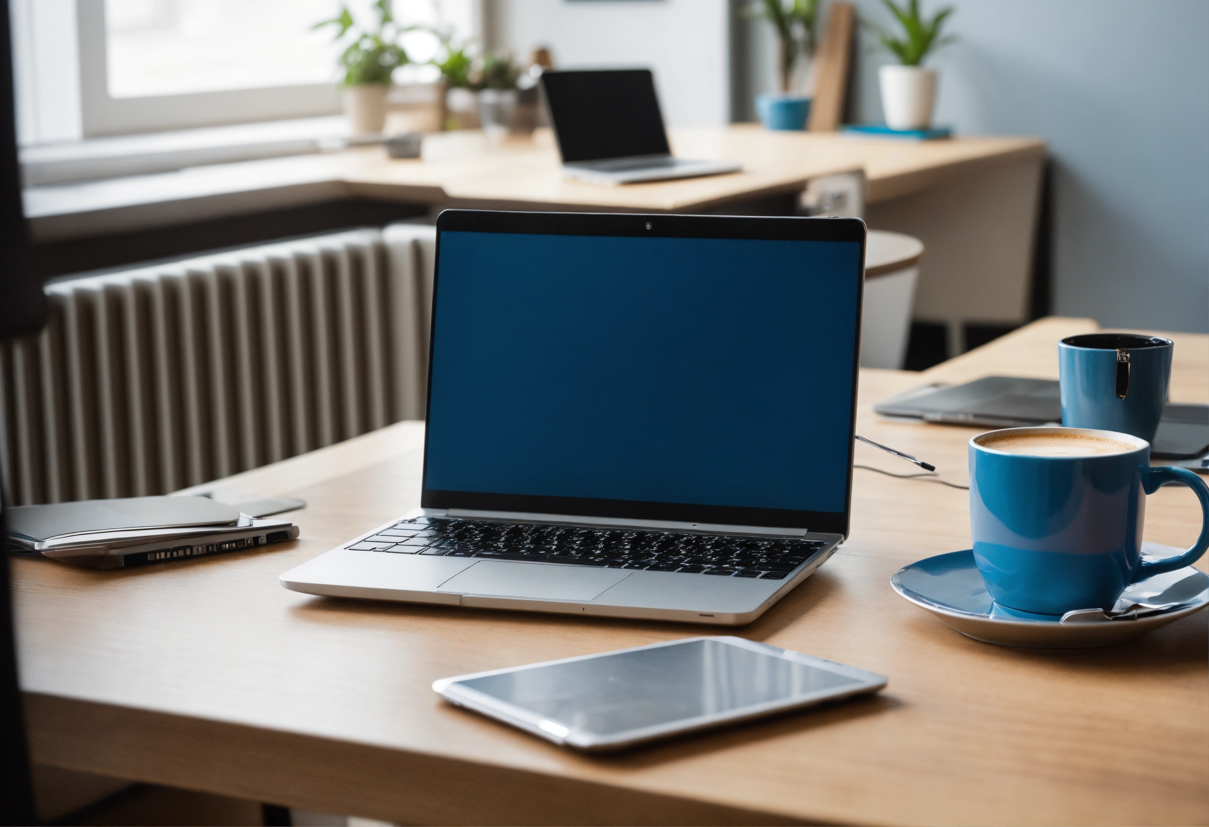 Lexica - Laptop on the table in the office. There is a blue mug of ...
