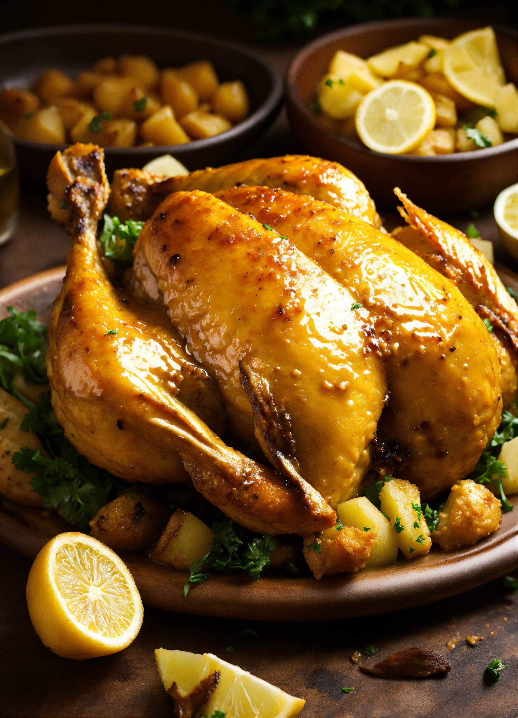 Lexica - Imagen fotografica realista de pollo dorado entero con papas ...