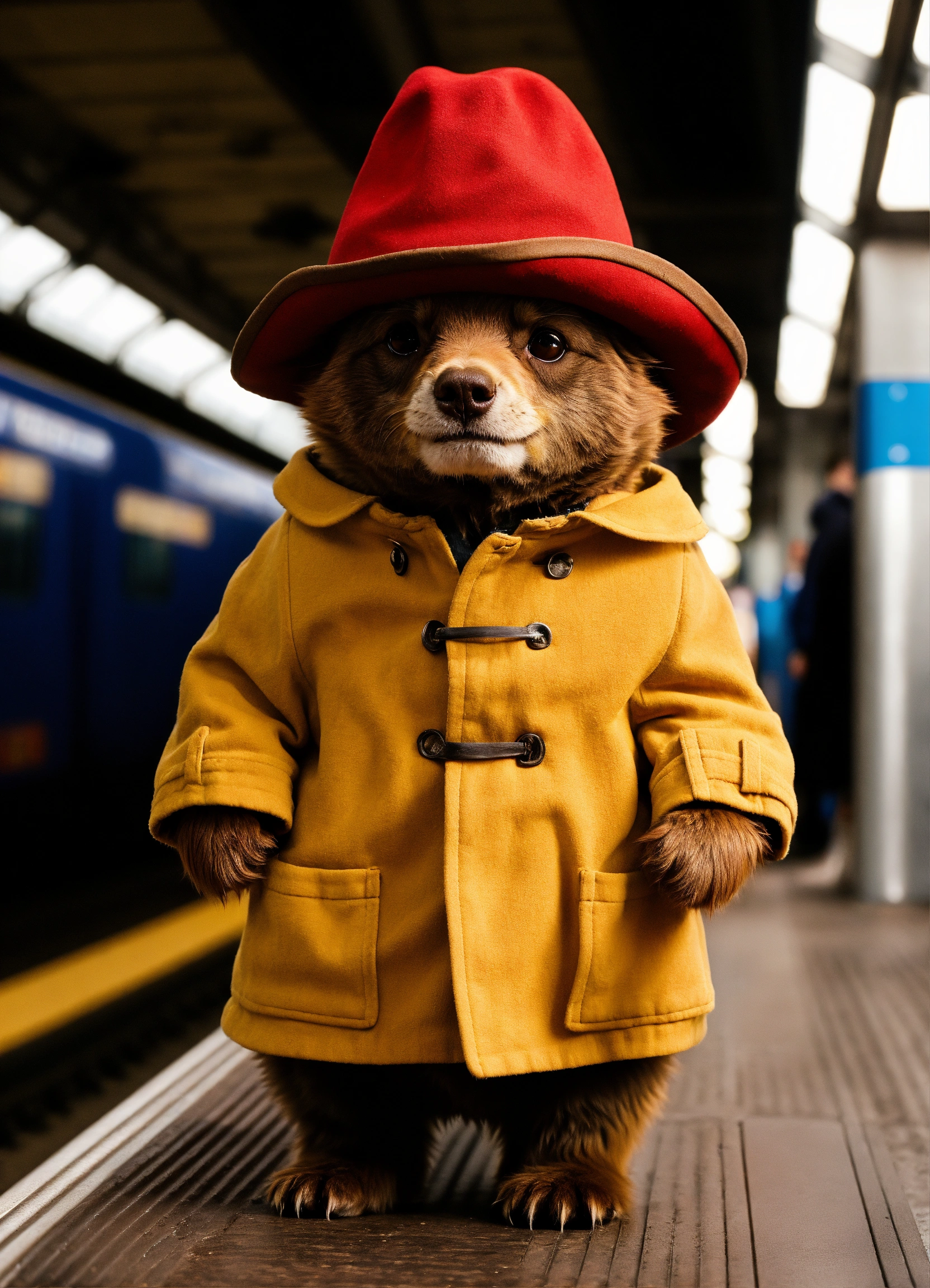 Lexica - Paddington doing angry stare. On train platform. Close up.