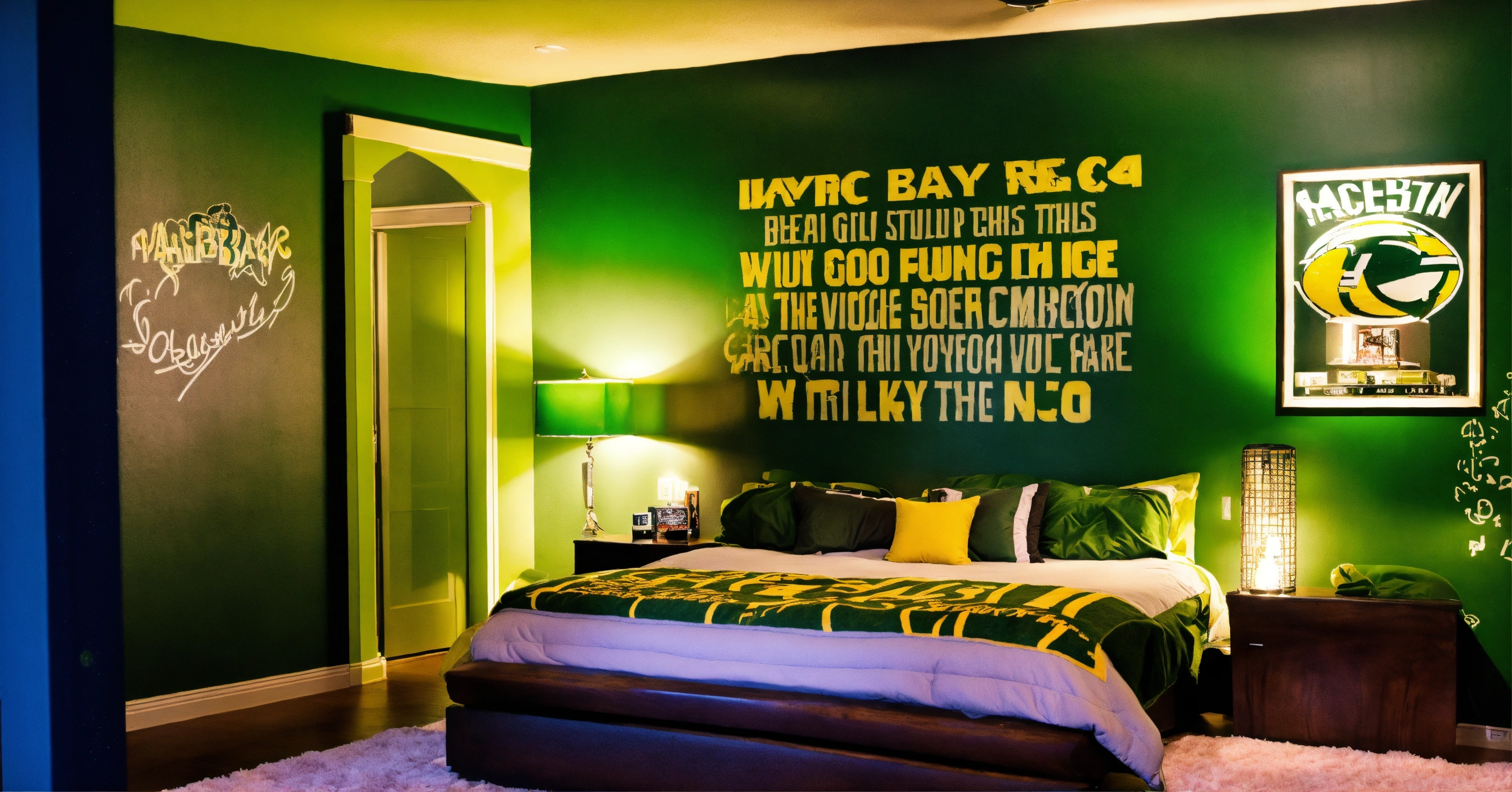 Lexica - Green bay packer theme bedroom, fluffy rug, dark wood, night ...