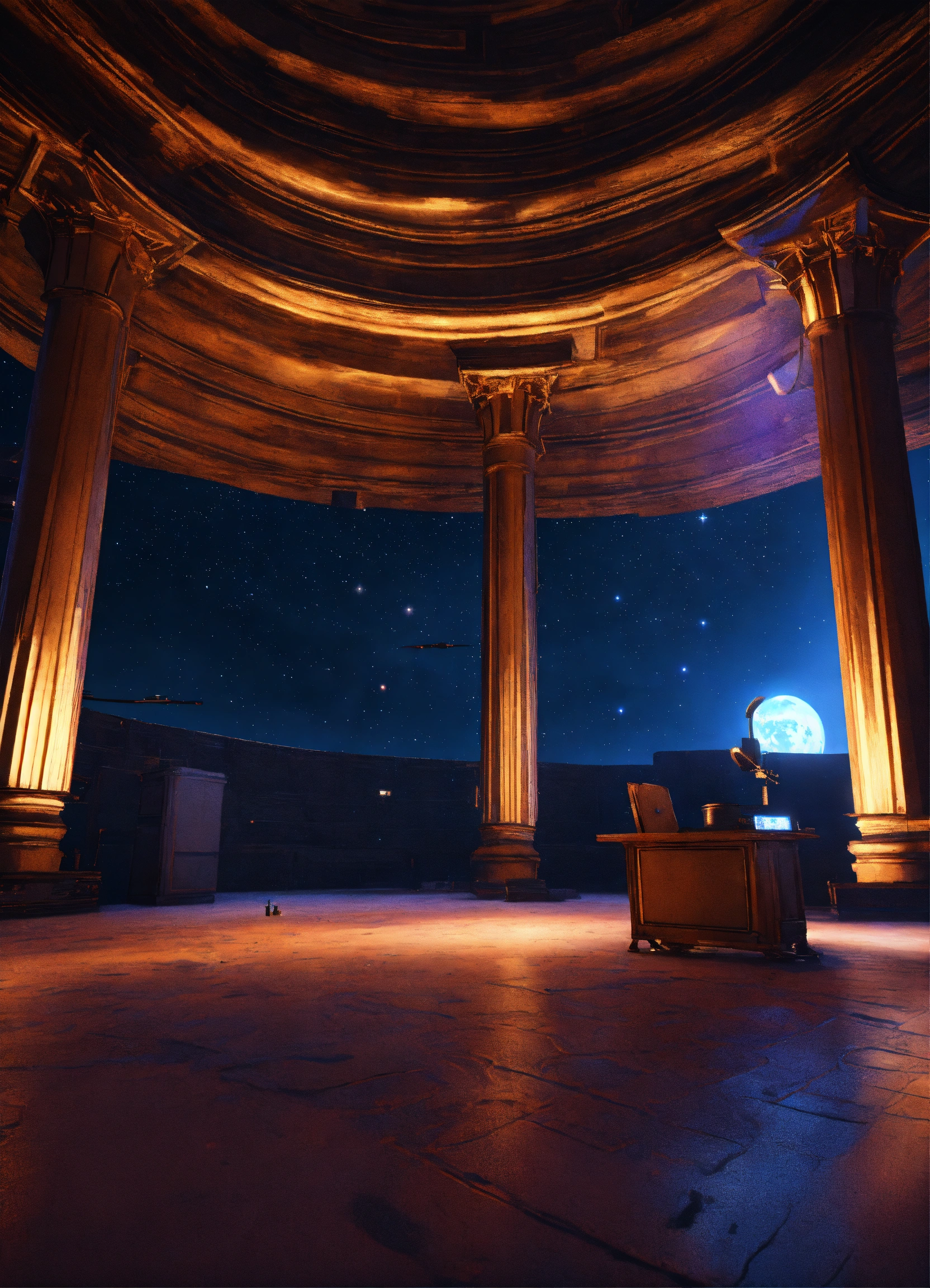 Lexica - Fish-eye perspective, starry sky, outer space, columns, desks ...