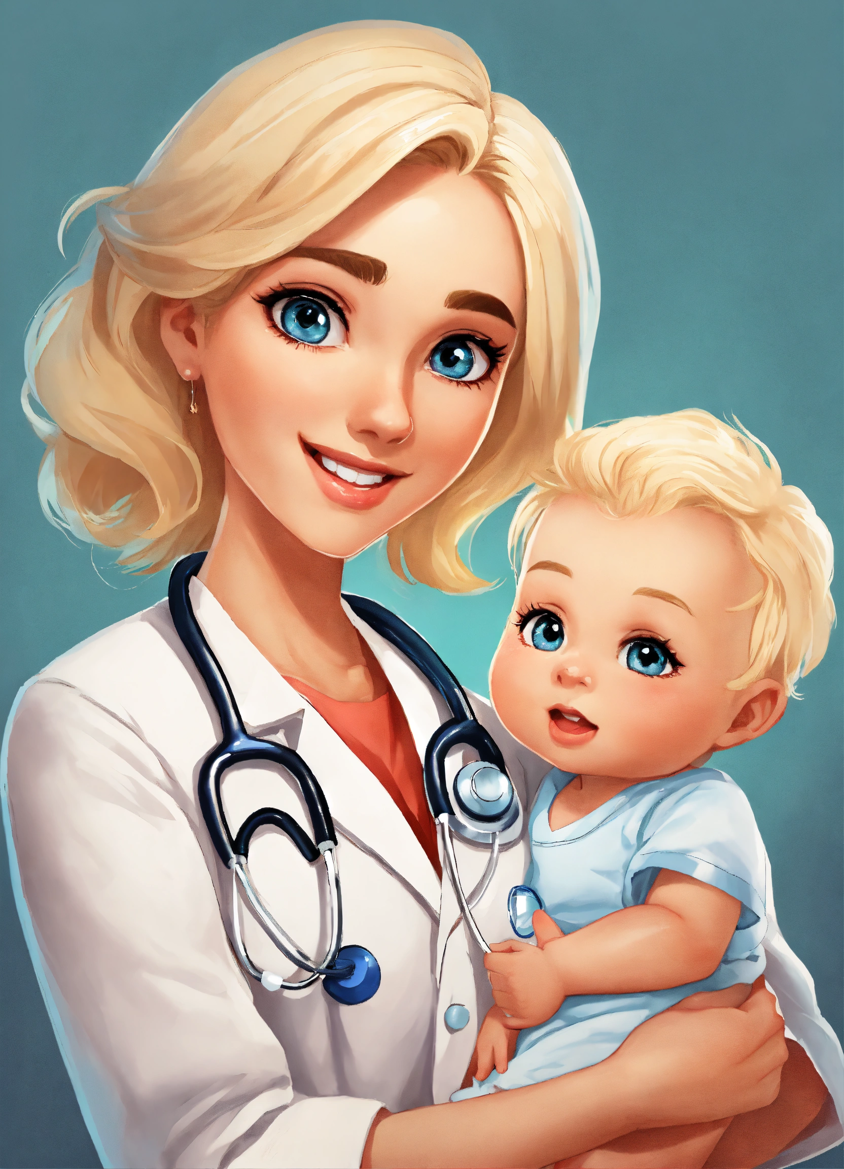 Lexica - A cartoon blond-hair cute woman doctor holding a baby