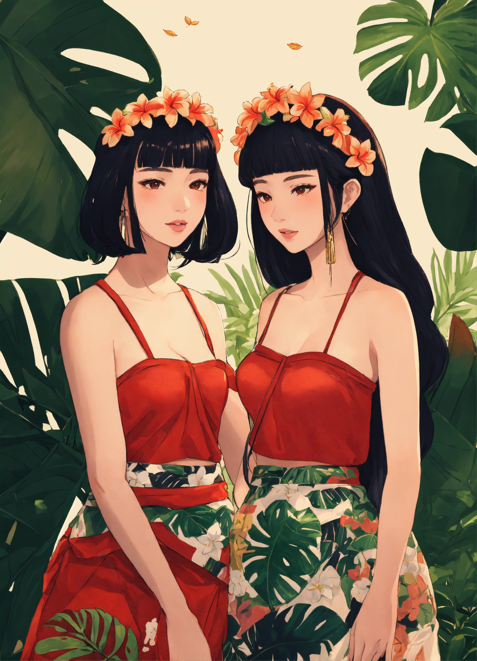 Lexica - Illustration of three girls. A girls wearing a plumeria ...