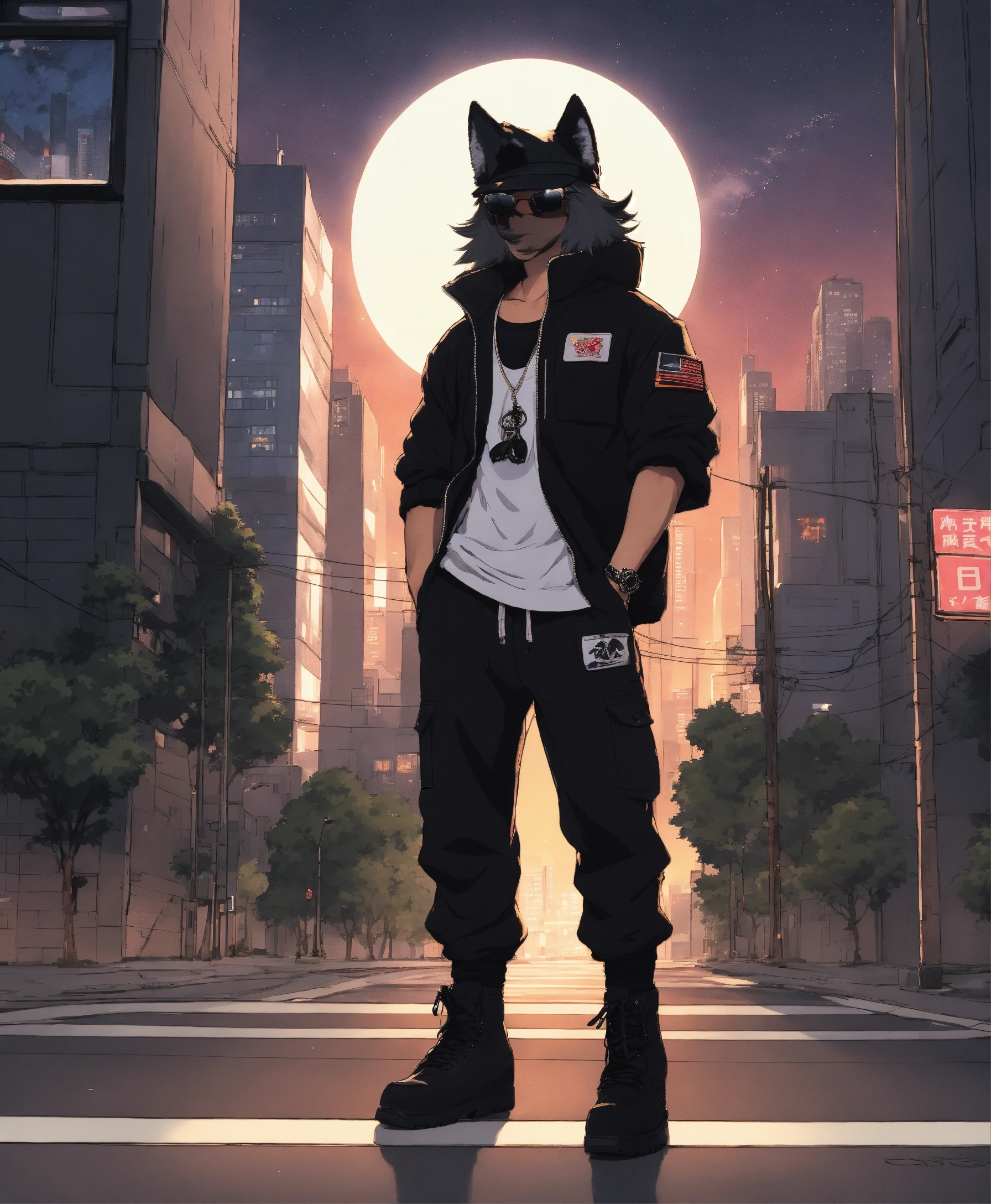 Lexica - Furry black wolf with fluffy black tail, wearing white t-shirt ...