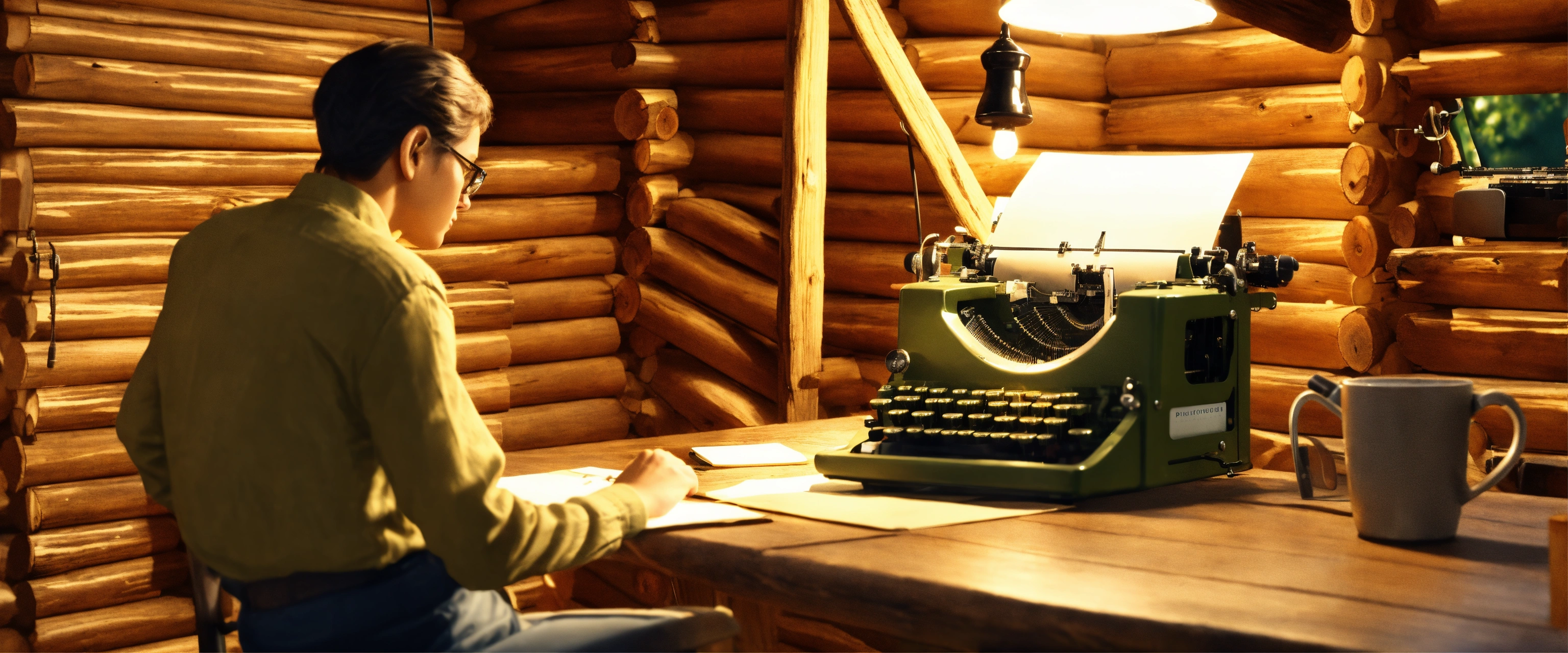 Lexica - Photorealistic image of a writer typing on a typewriter in a ...