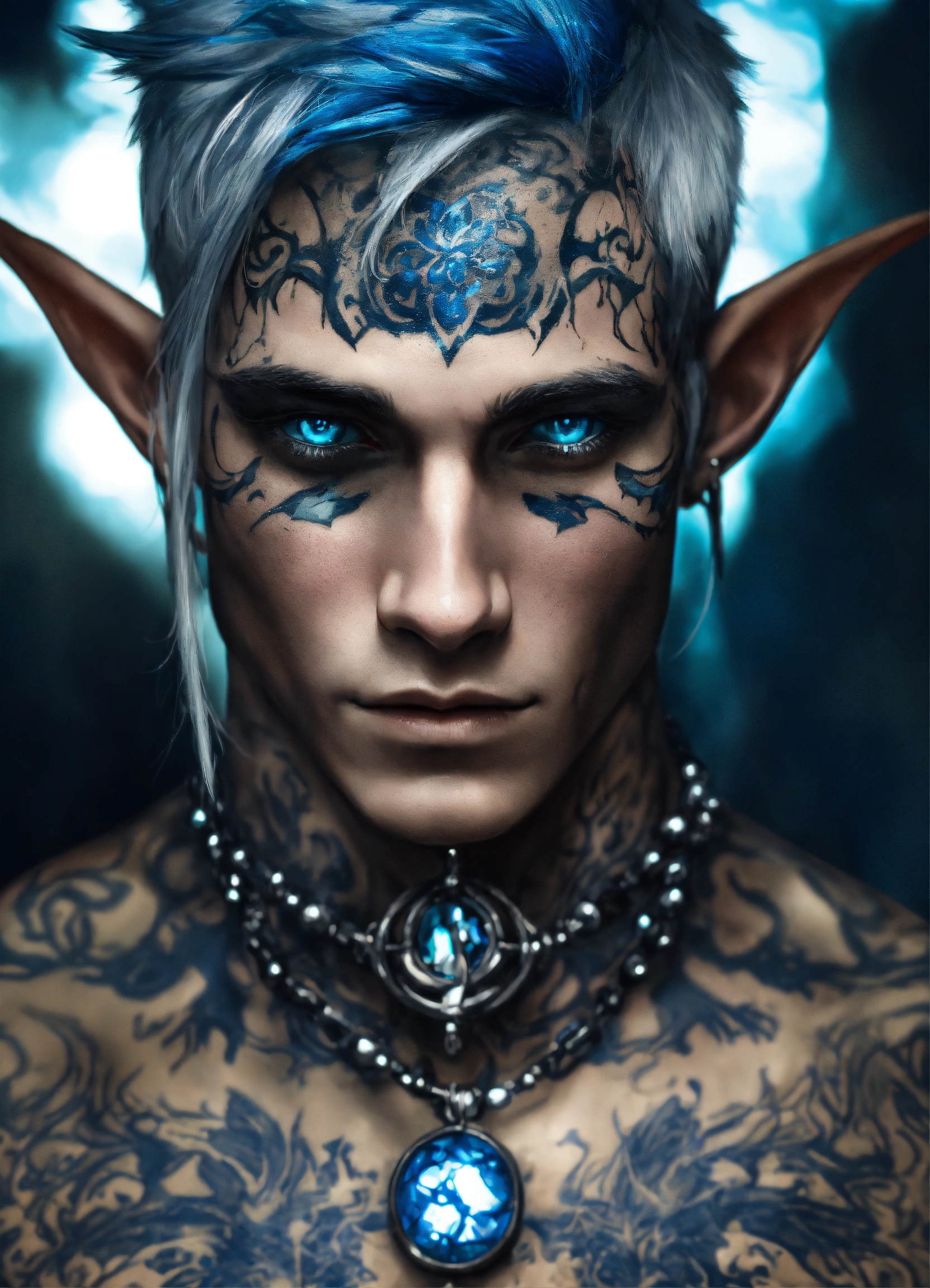Lexica - Fantasy torso shot of a tatooed male elf, sickly thin, gaunt ...