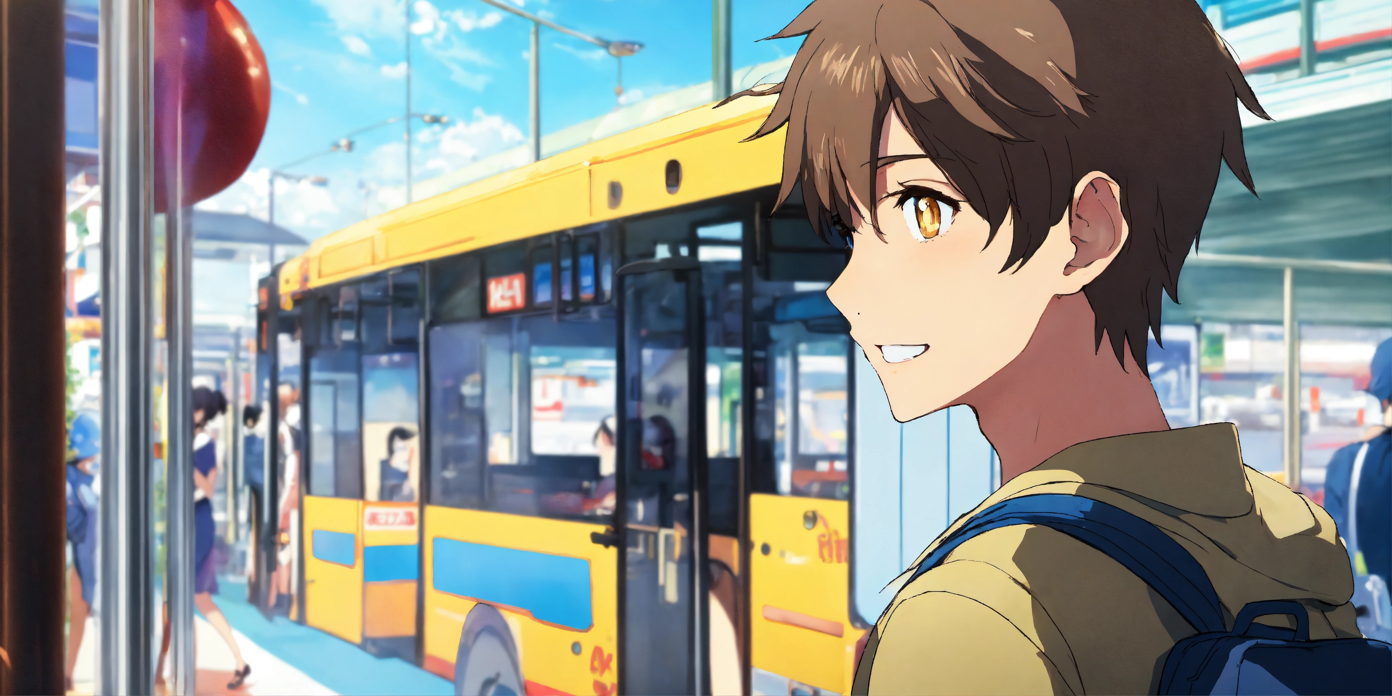 Lexica - A young guy looking at girl on a bus station sunny day in ...