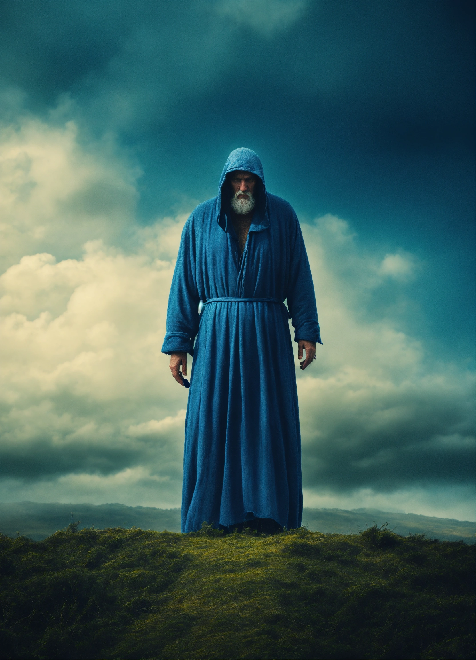 Lexica - Scared giant, blue background, realism photo, mystery atmosphere