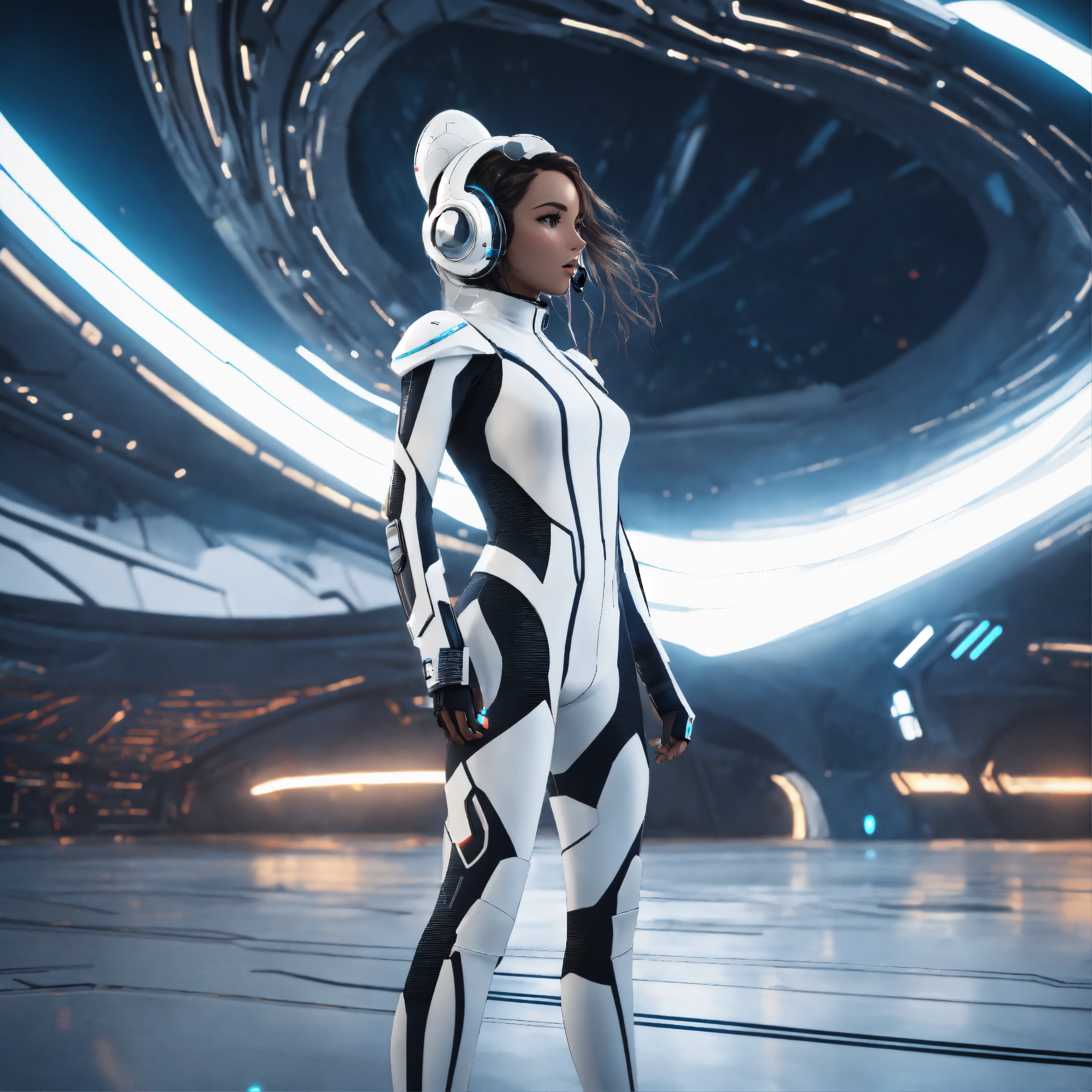 Lexica - Wide shot of a female super spy wearing a tight futuristic spy ...