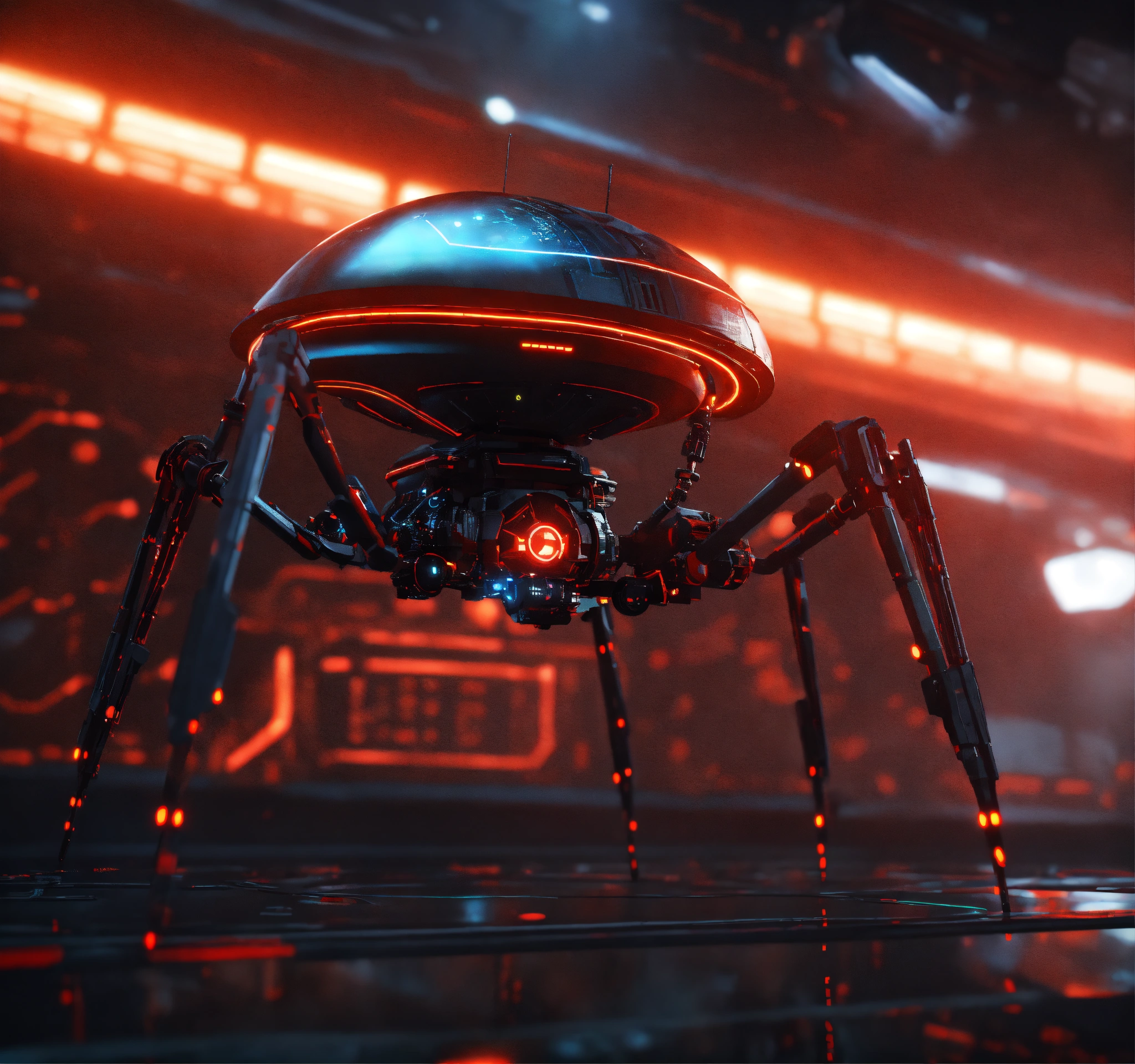 Lexica - Zoom out on a extra long black robotic black widow spider ...