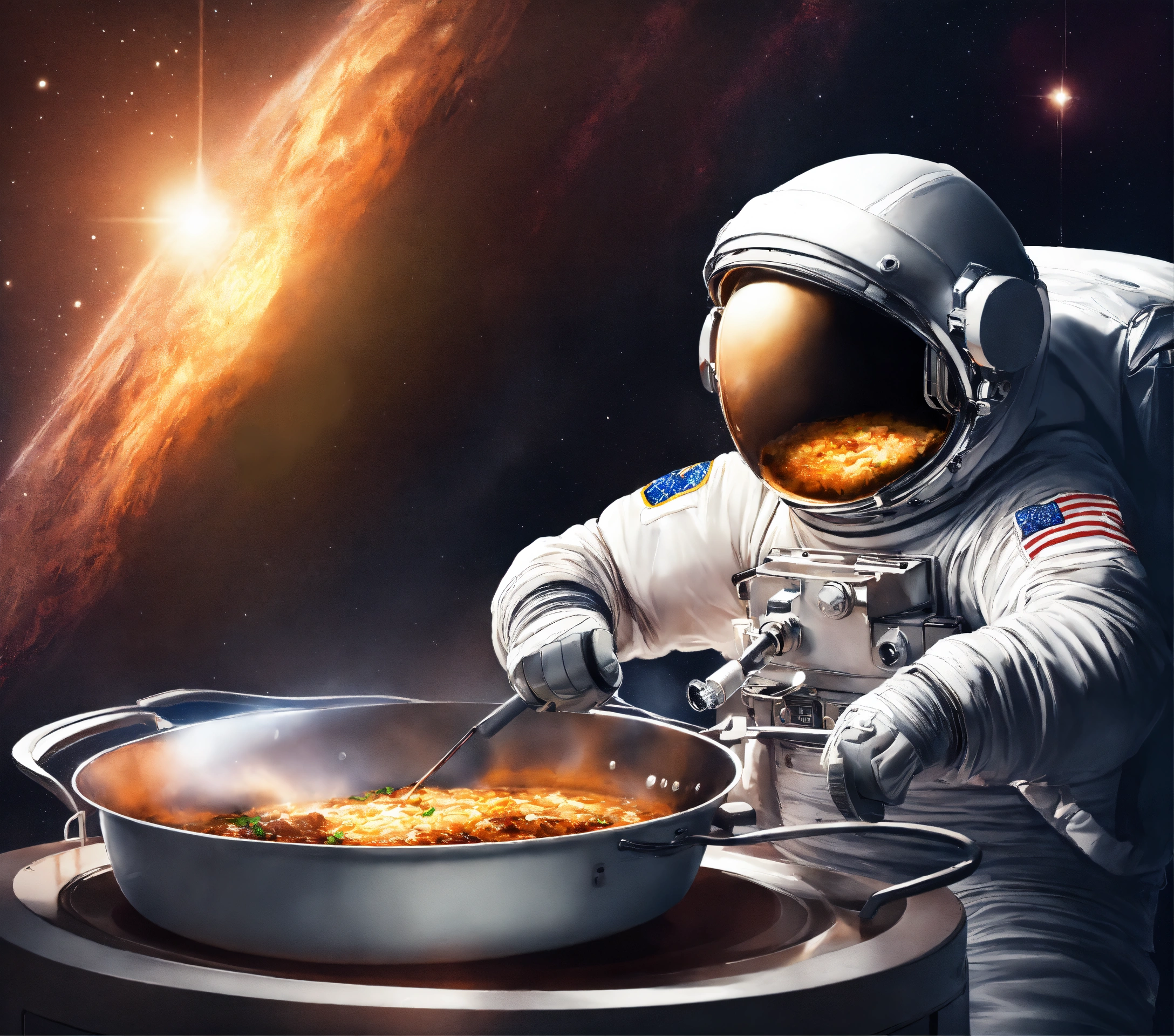 Lexica - Astronaut, cooking in pan, realistic