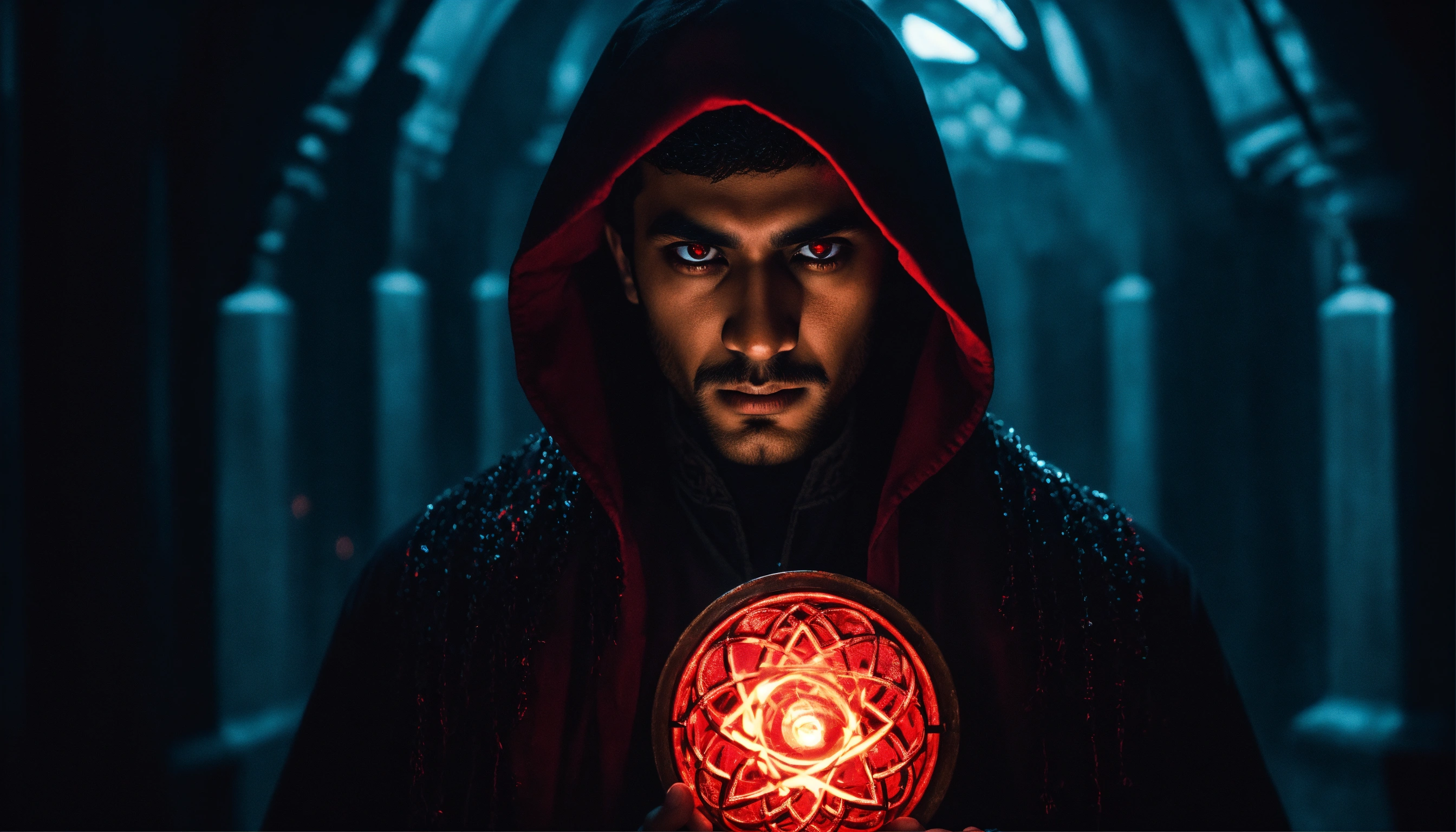 Lexica - Sinister and dramatic portrait of a young handsome South Asian ...