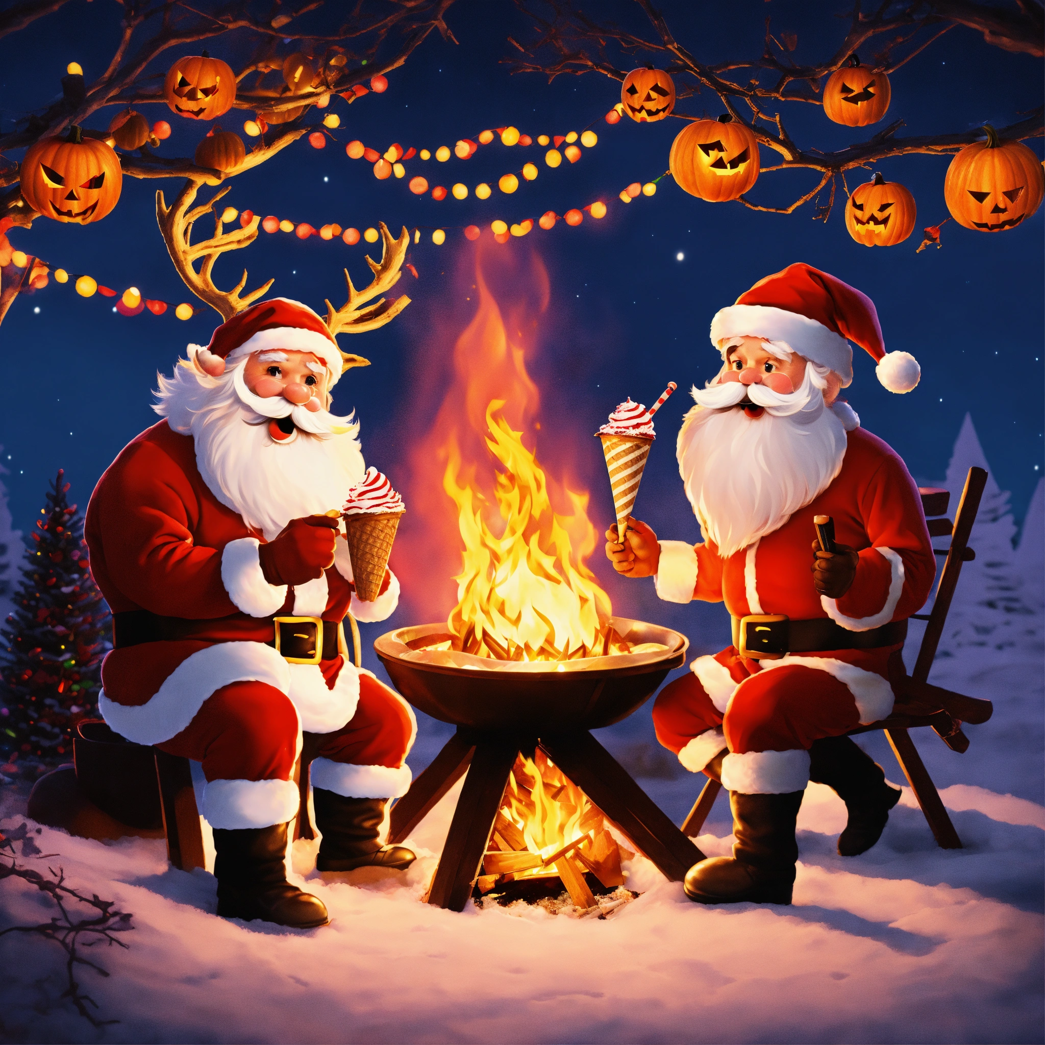 Lexica - Santa claus and rudolph eating a icecream around a bonfire ...