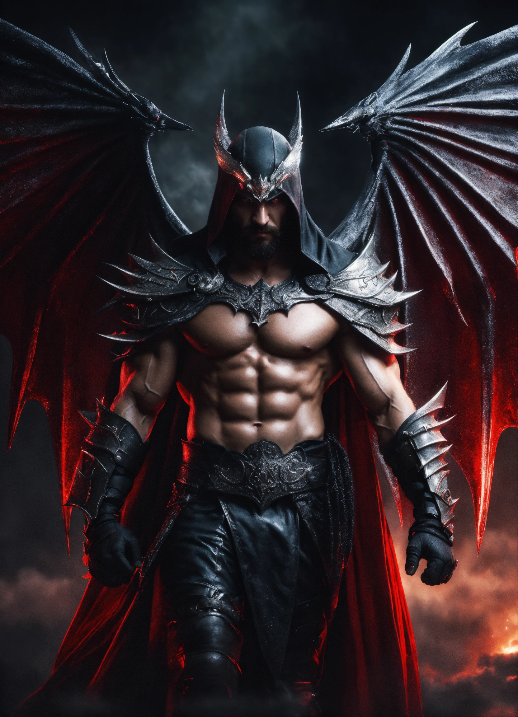 Lexica - Full body strong muscular evil vampire man with beard entangled in a dark mist spiral ...