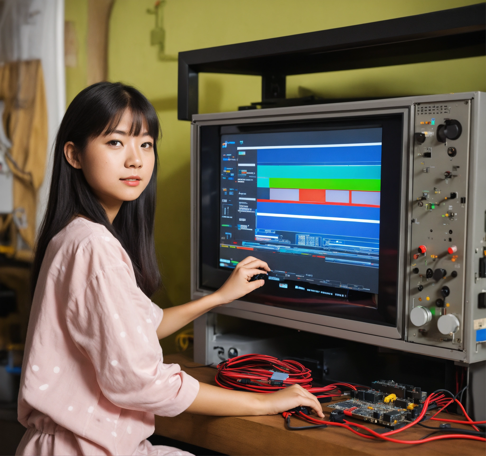 Lexica - Electronics engineer girl switch on a tv by her finger front angle shot