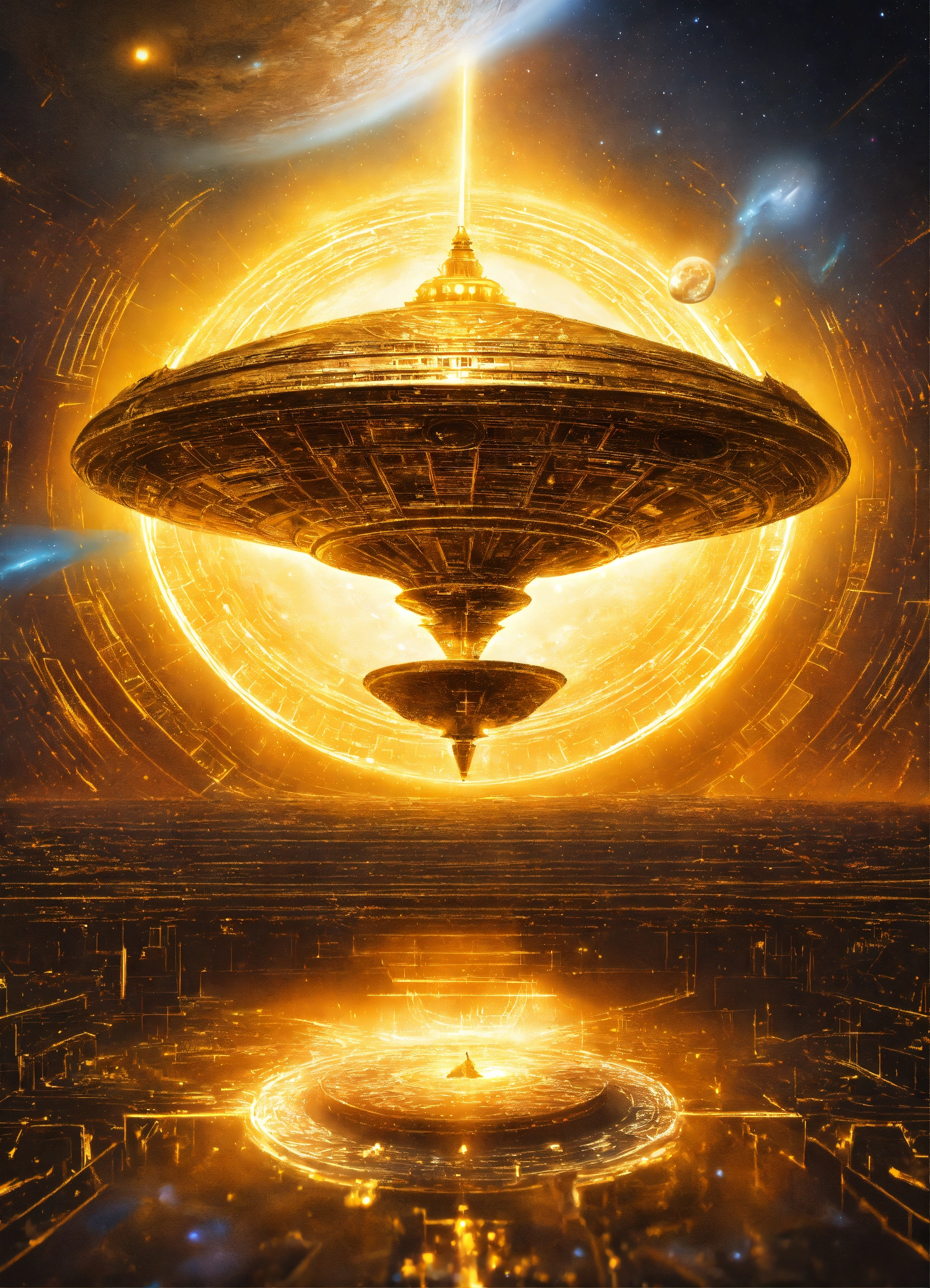 Lexica - A golden interdimensional ship passing through a portal in the ...