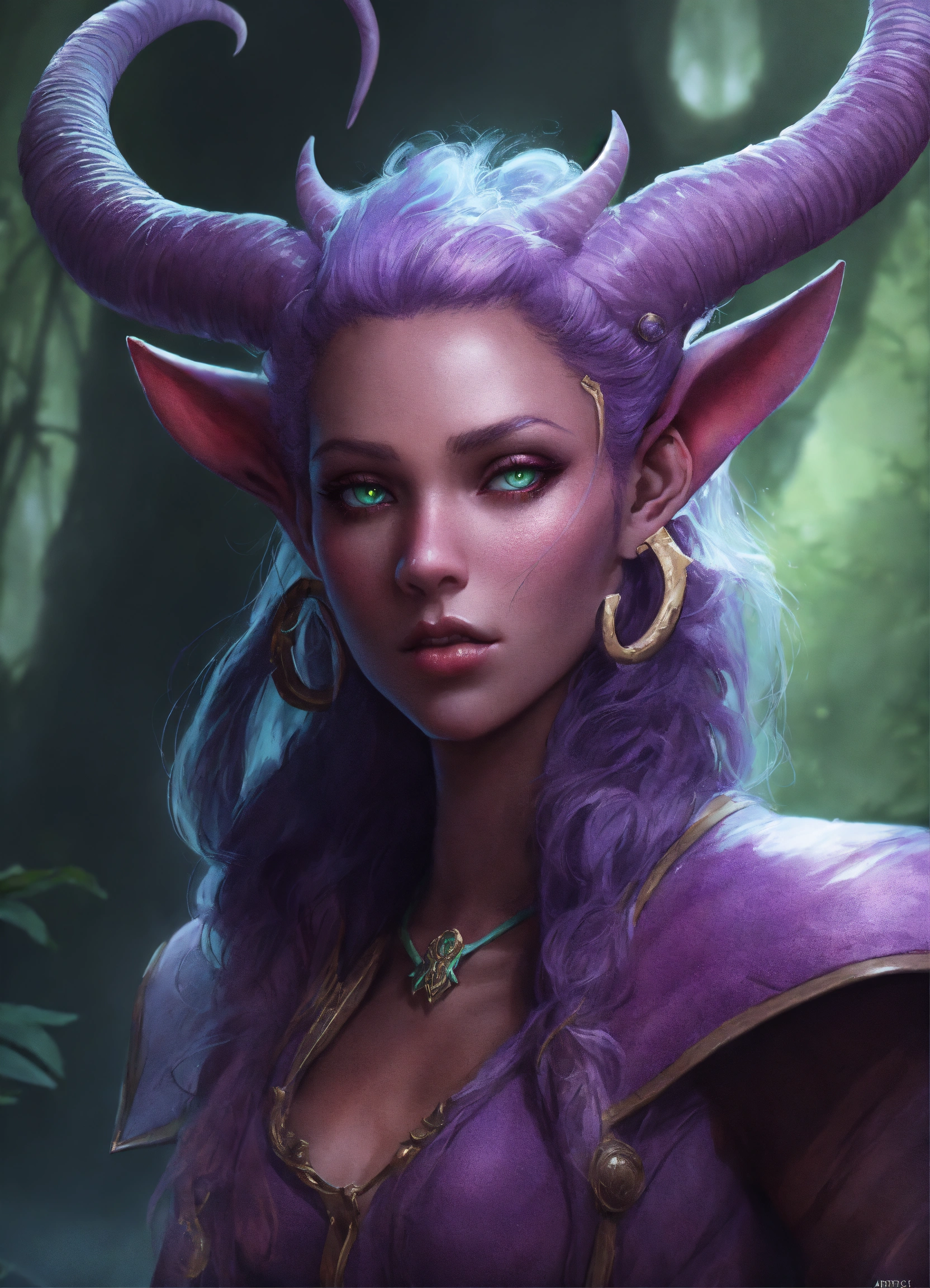 Lexica - Purple tiefling, twohorns curved back, pale mint green eyes ...