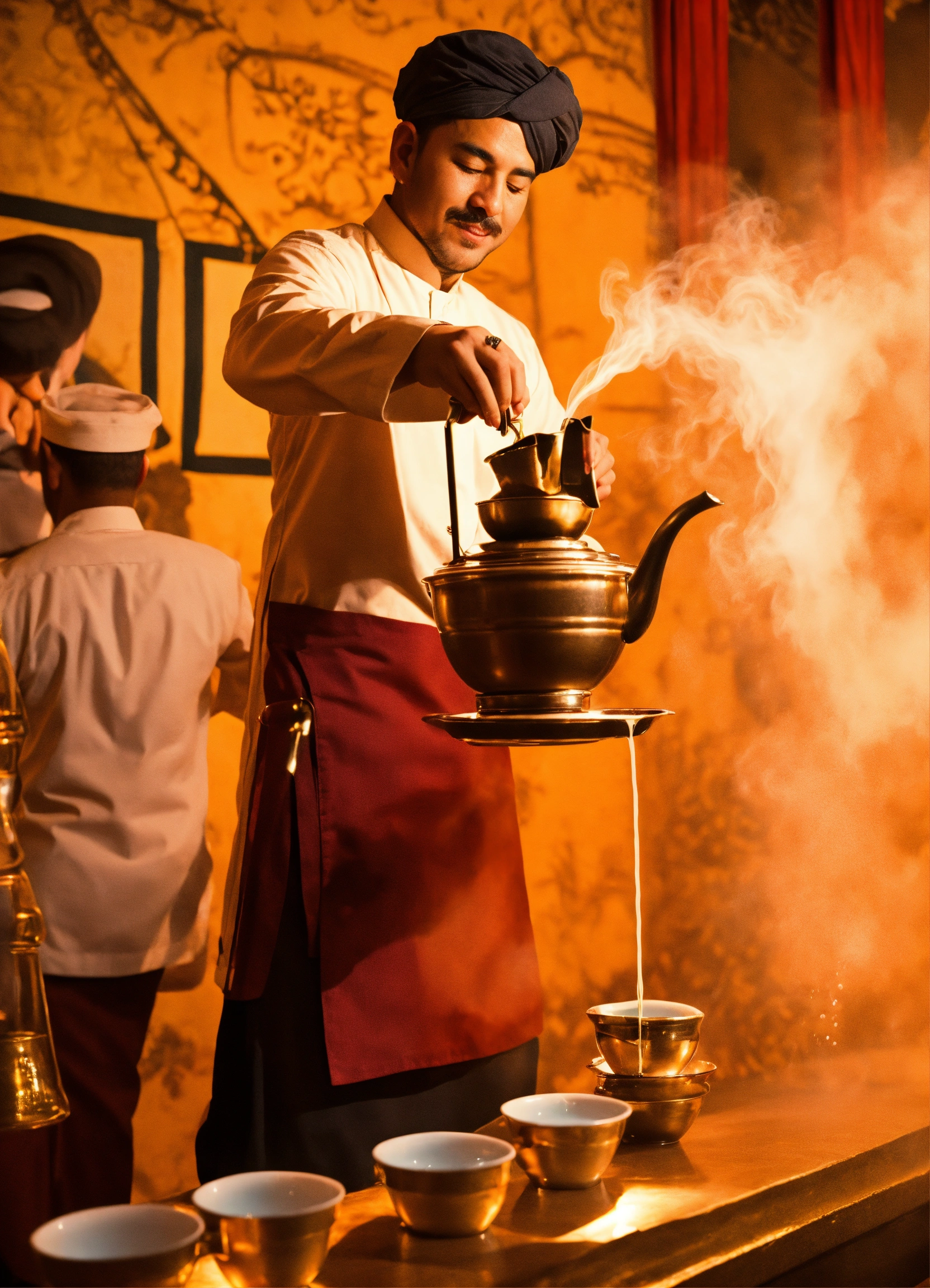 Lexica - Chai master pouring Chai tea from one cup to another cup that ...