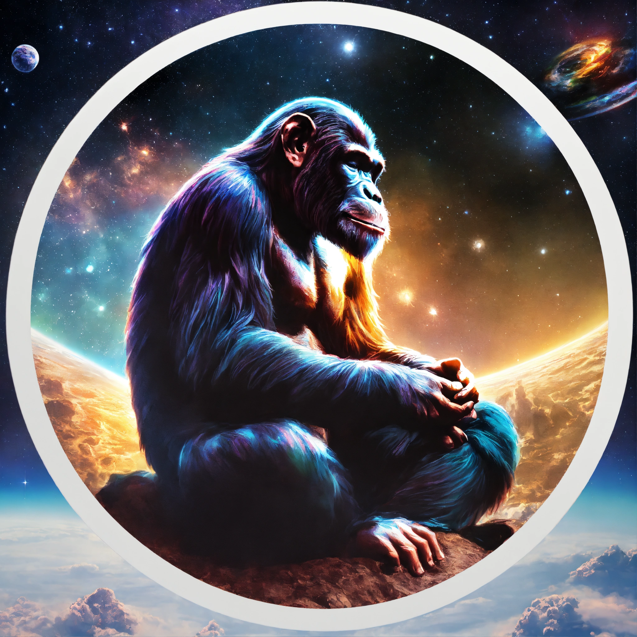 Lexica - Apes praying to a human god in space, in circle image ...