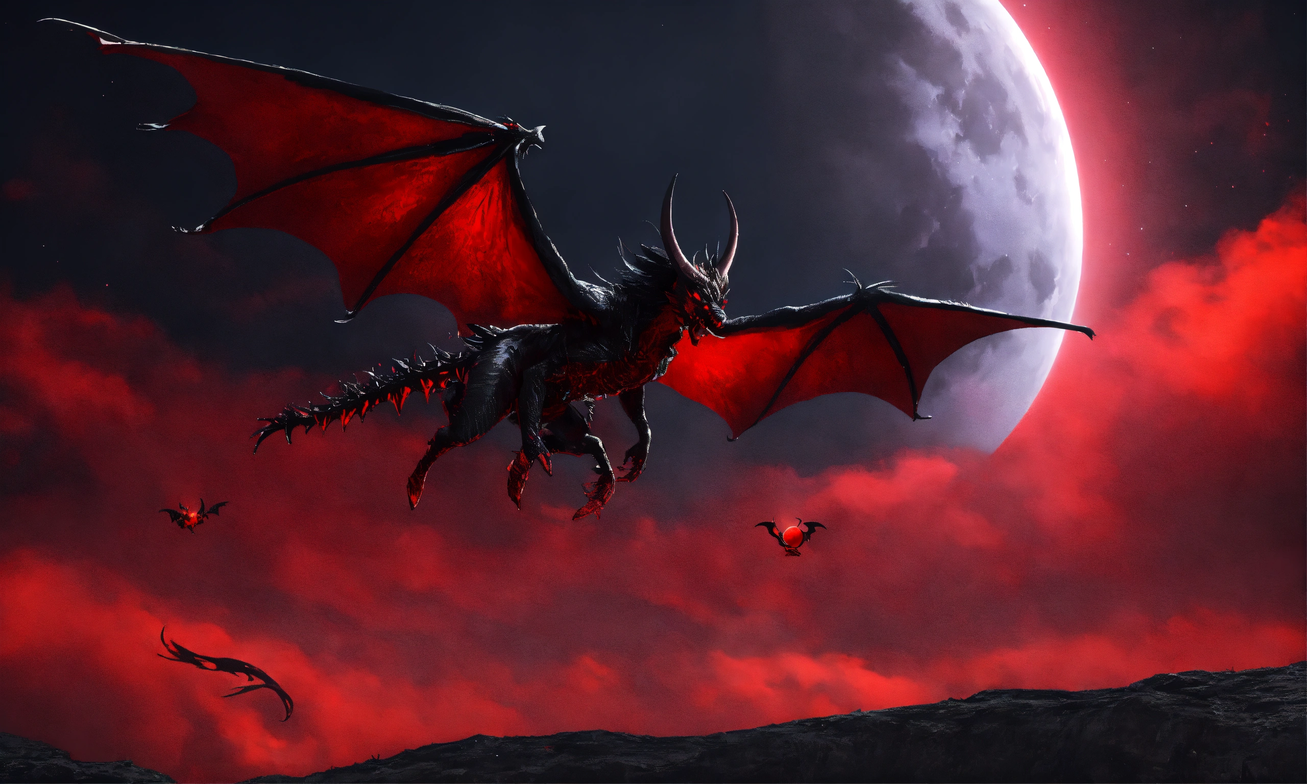 Lexica - Black-red demon flying in the back red sky with dark moon