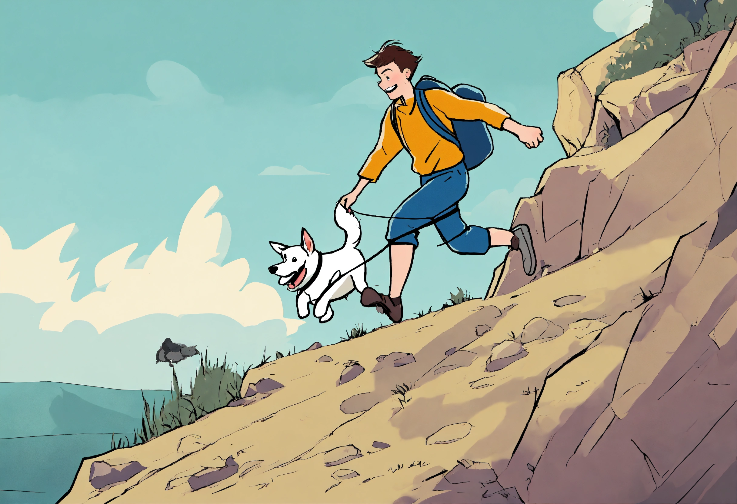 Lexica - Cartoon-style young man walking joyfully, he topple over the ...