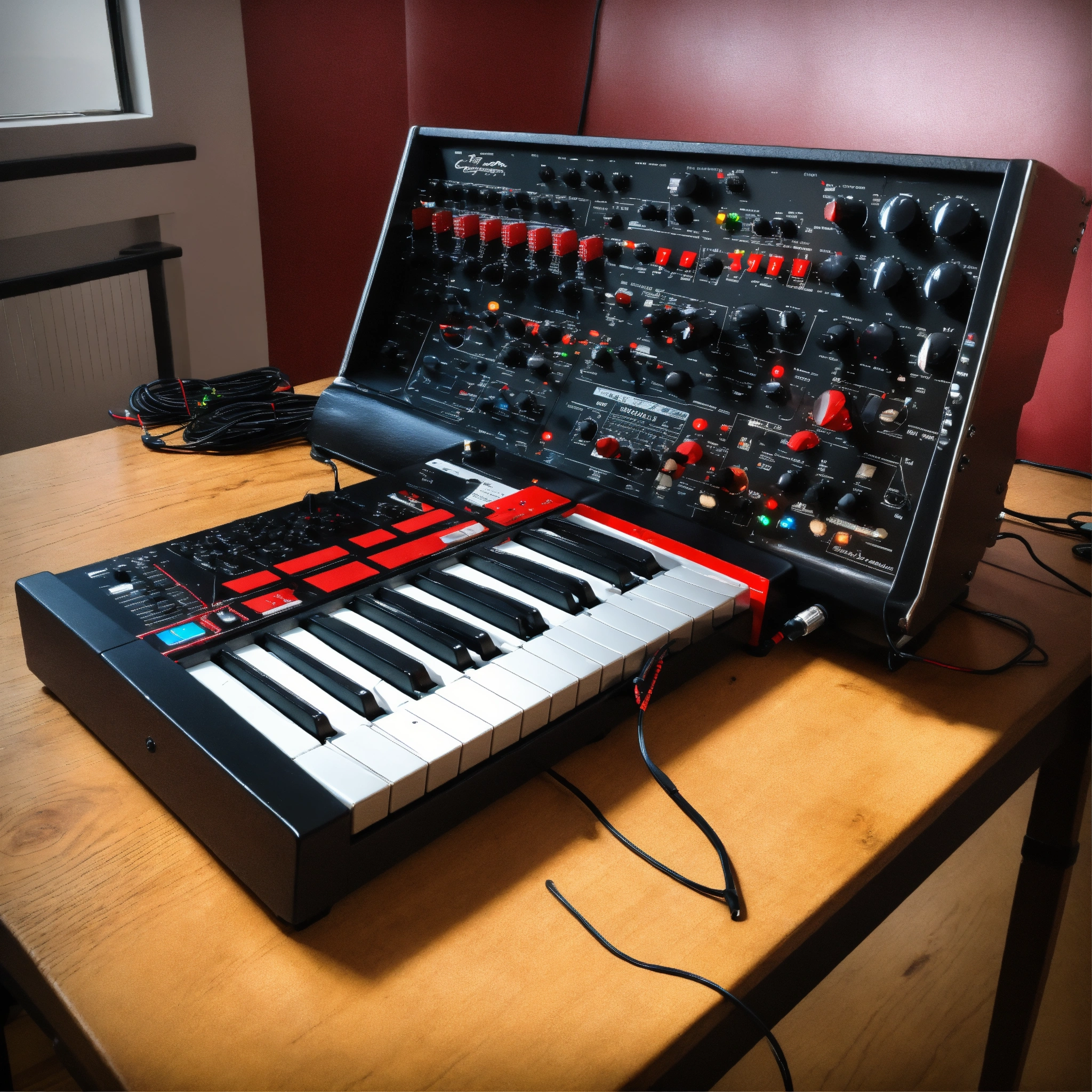 Lexica - A photo of a synthesizer. The synthesizer is black with red ...