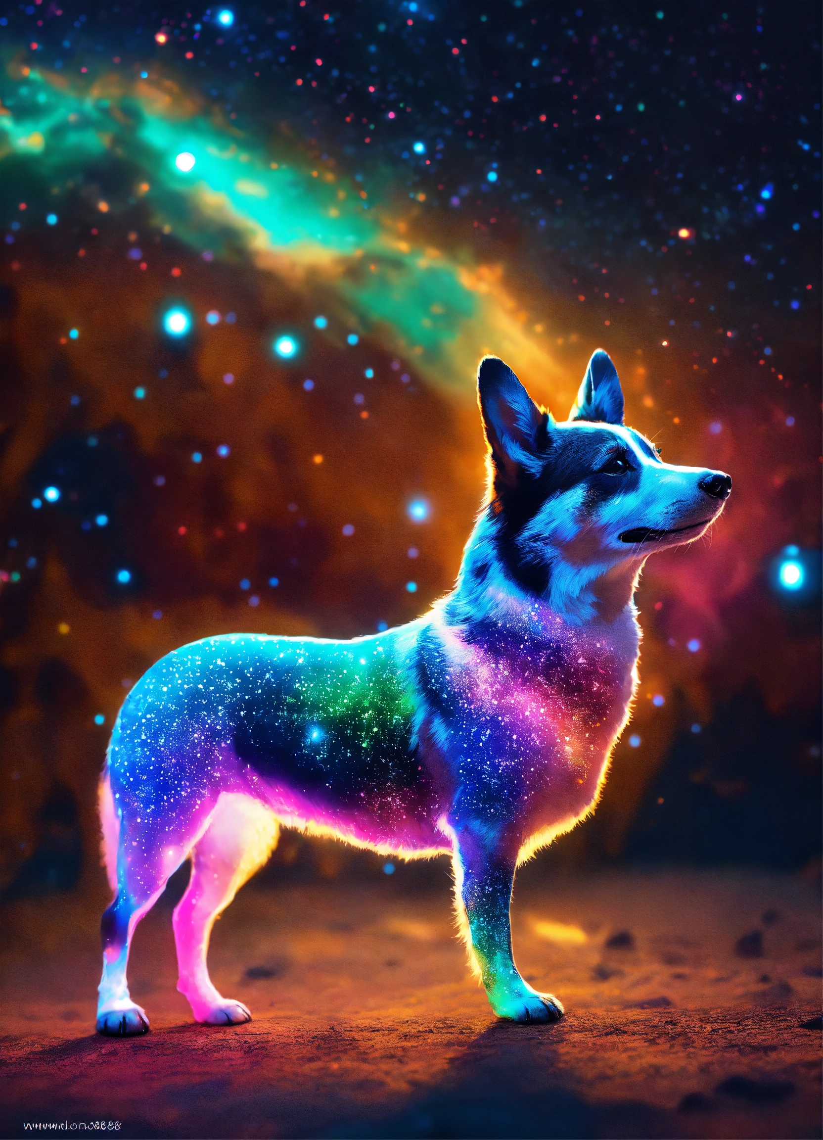Lexica - The Cosmic Corgipede's multiple, glowing, cosmic-colored legs ...