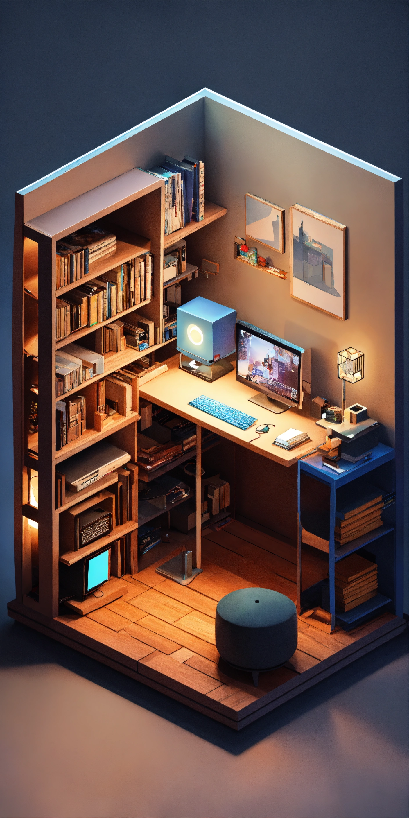 Lexica - Cube cutout of an isometric programmer bedroom with a PC ...