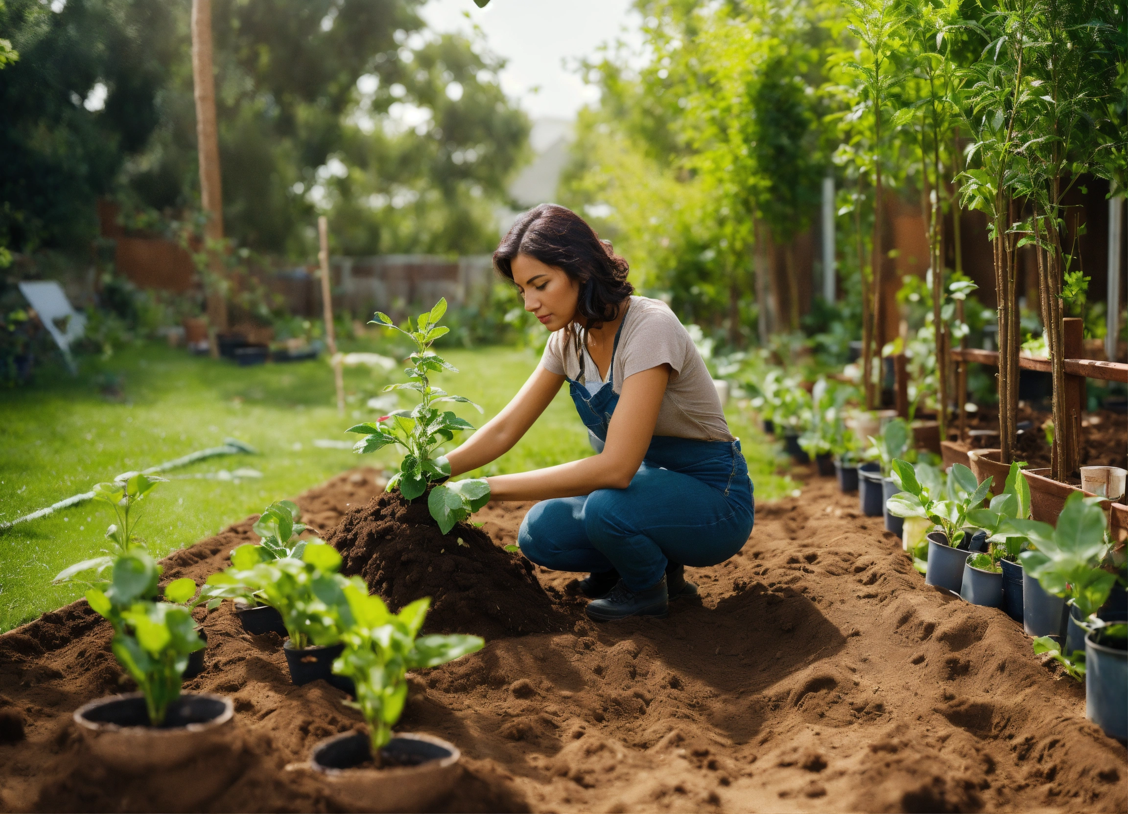 Lexica - Produce me an image of a woman who plant trees in her backyard ...