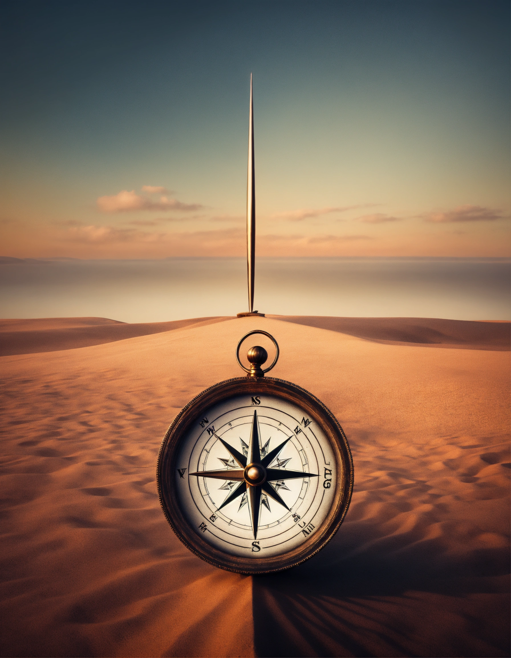 Lexica - A stylized compass pointing towards a distant horizon