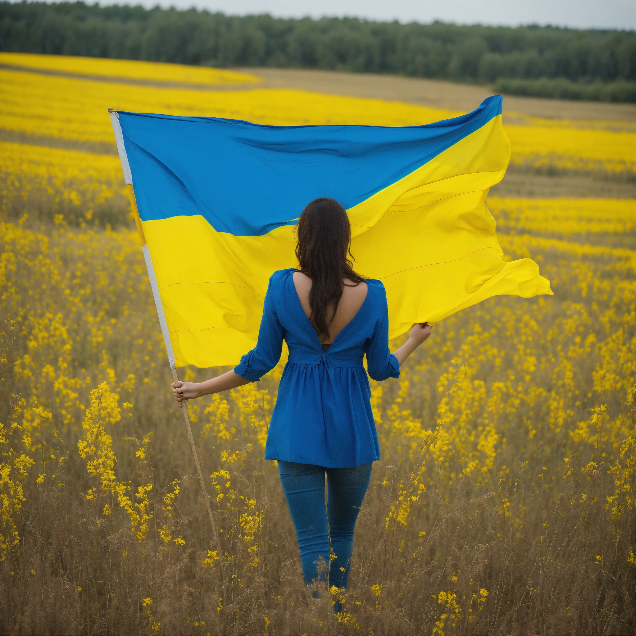 Lexica - 30 years old woman in a field, with Ukraine flag, СOLOR Blue ...