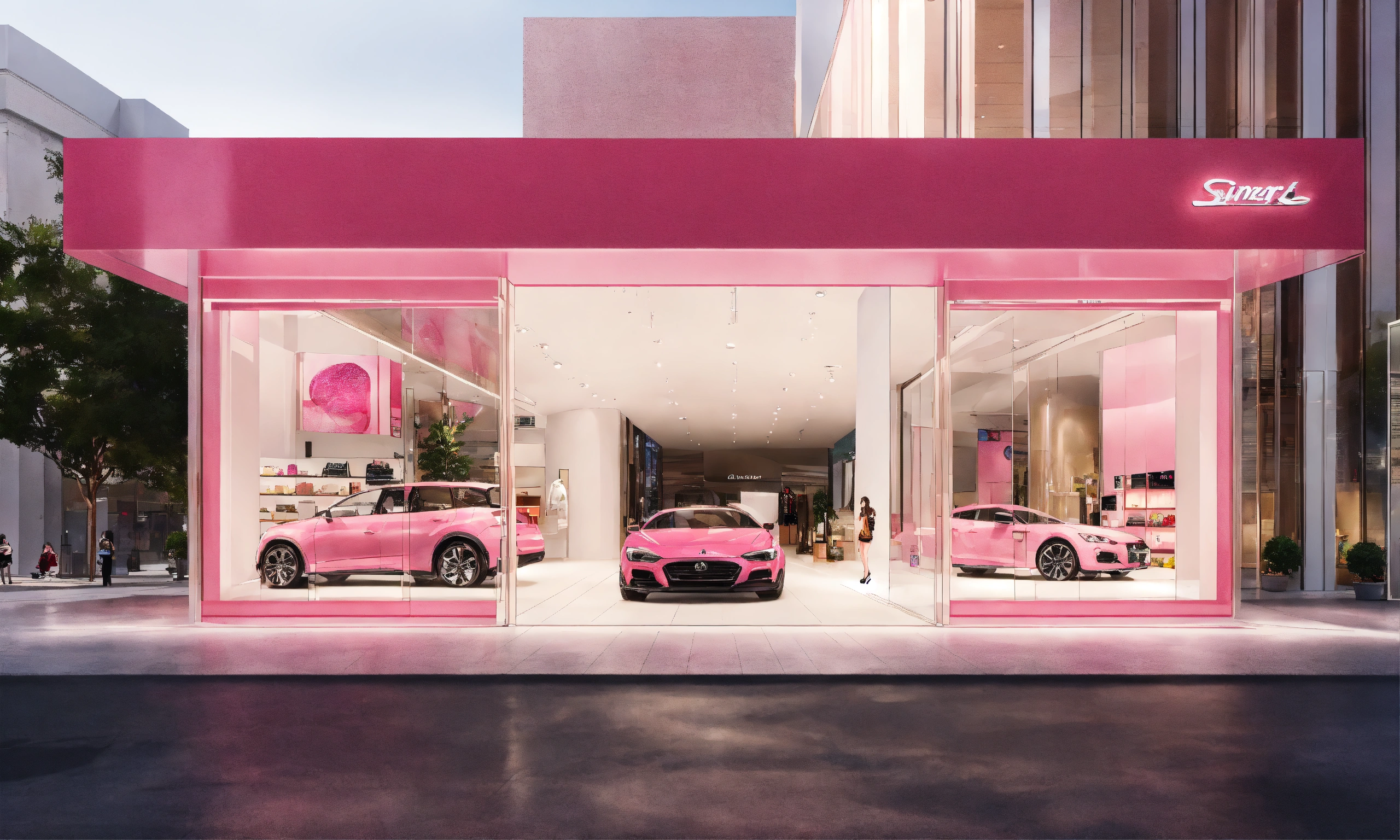 Lexica - Indoor, inside mall, small store, car rental store, pink car ...