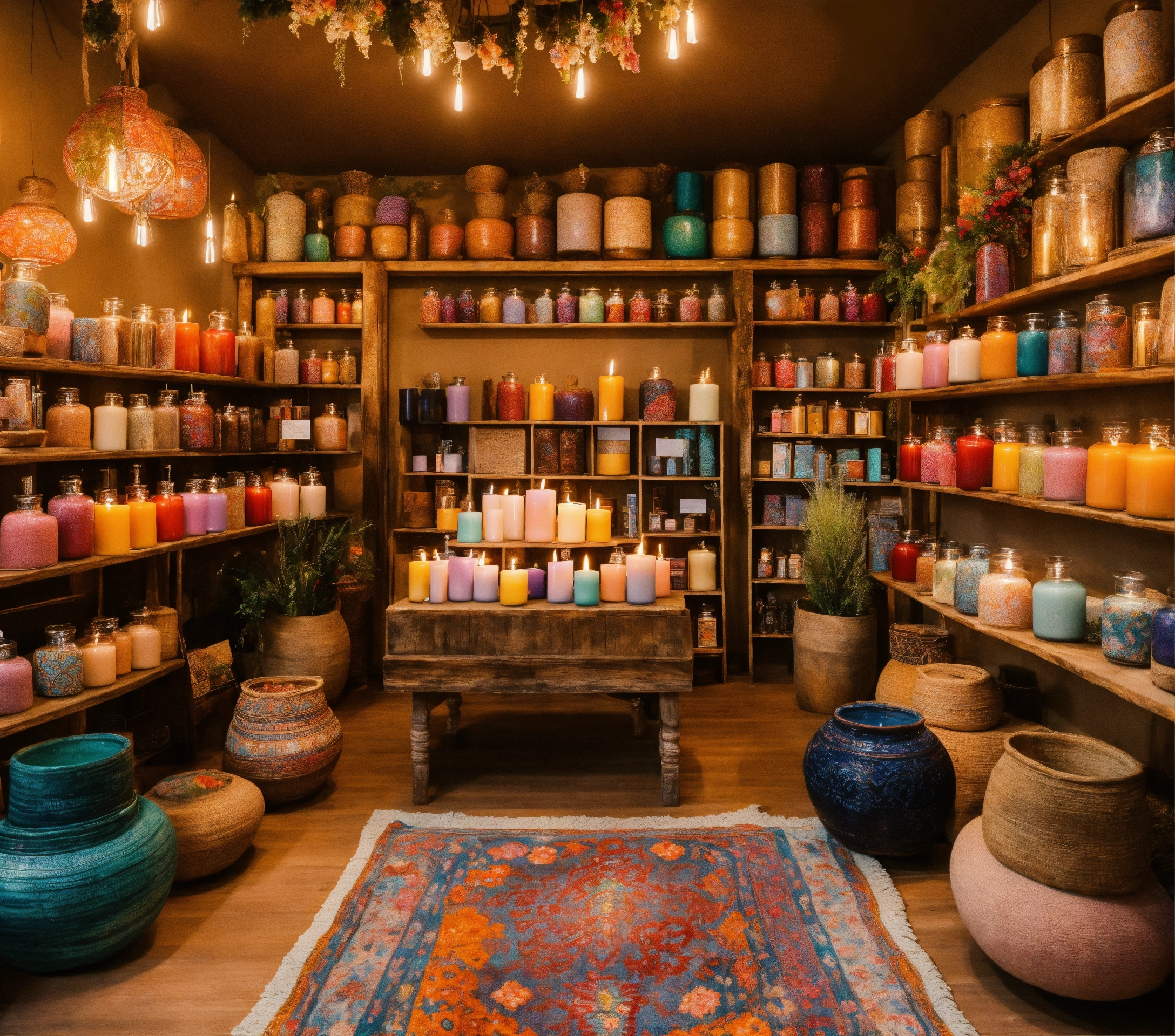 Lexica - Large interior of a scented candle shop, boho style with ...