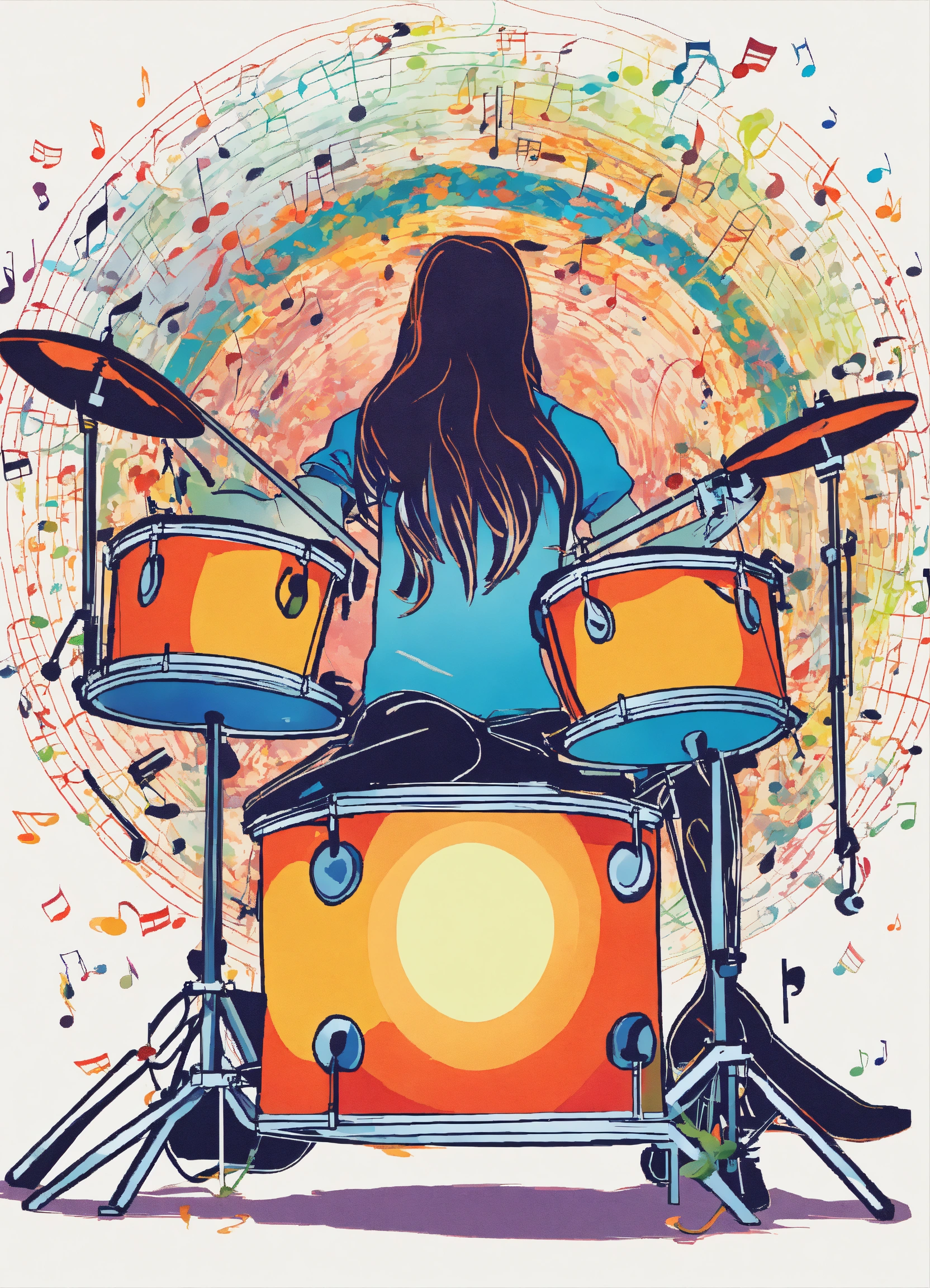 Lexica - View of a drummer with long hair playing music, centered, lots ...