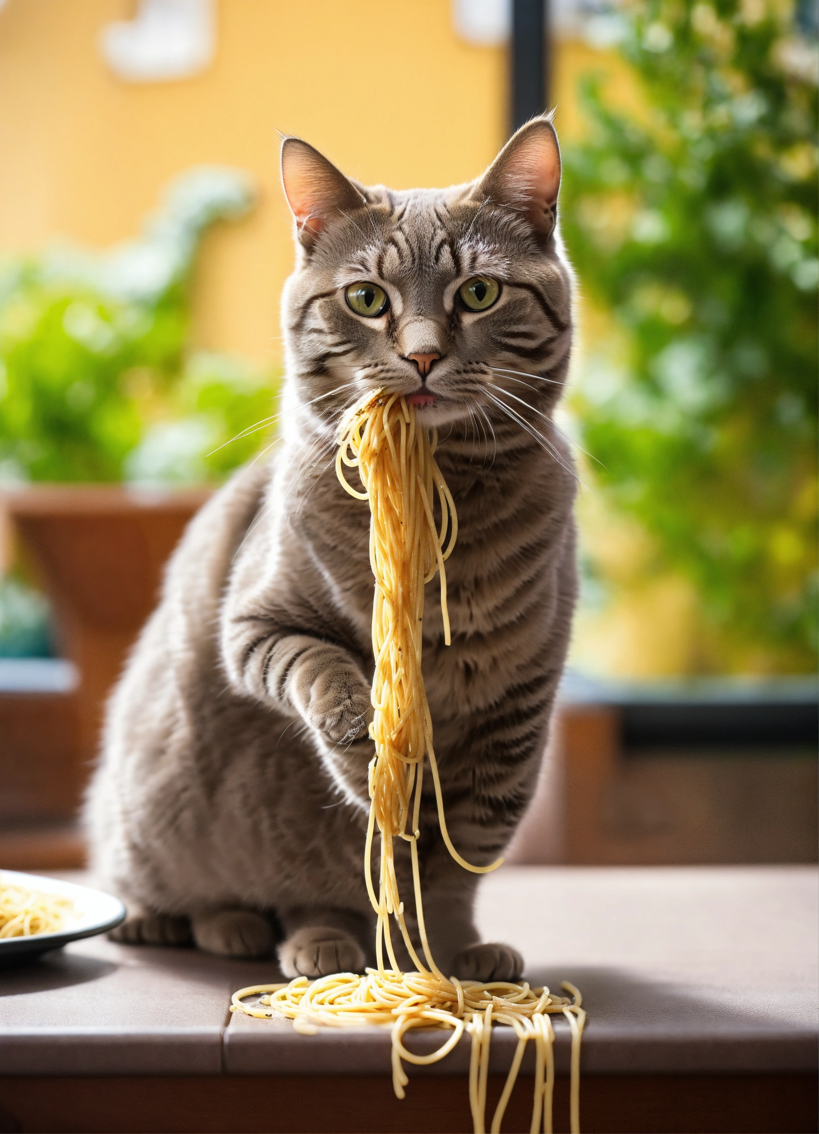 Lexica - A cat standing on 2 legs, eating spaghetti